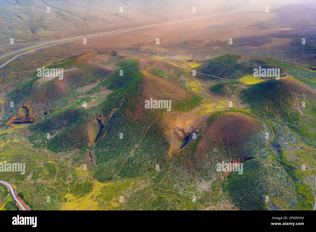 Aerial view of the volcanic landscape with scarce patches of grass ...