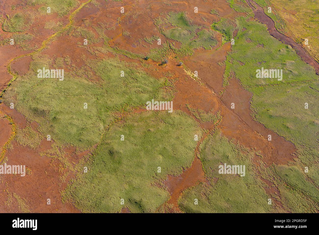Aerial view of a volcanic landscape, showcasing patches of green grass ...
