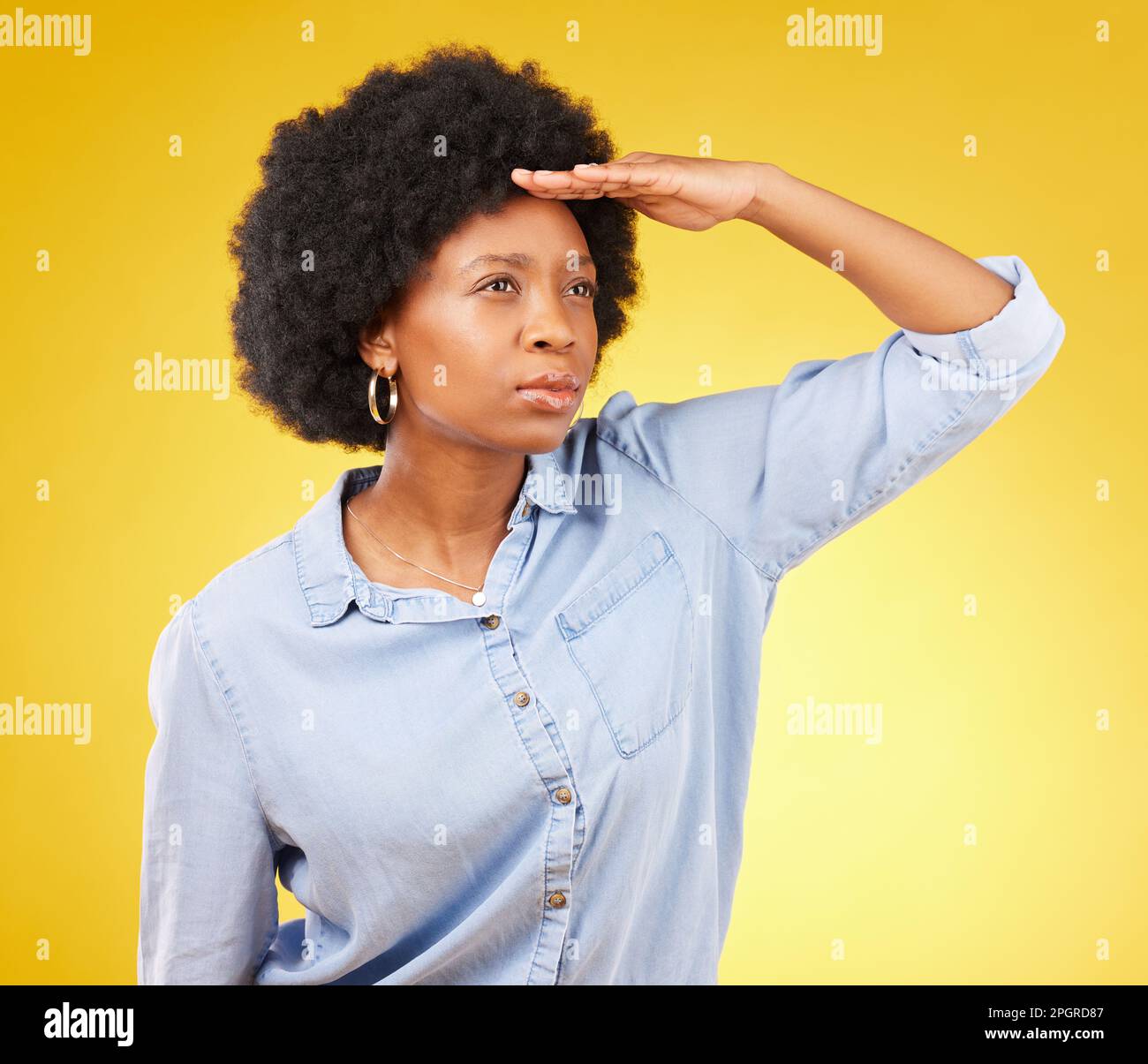 Black woman, hand and studio for distance, future and looking ahead for ...