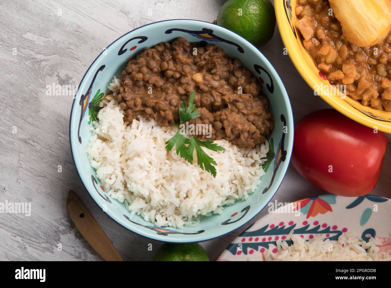 Peruvian food buffet table rice and lentils stew Stock Photo - Alamy