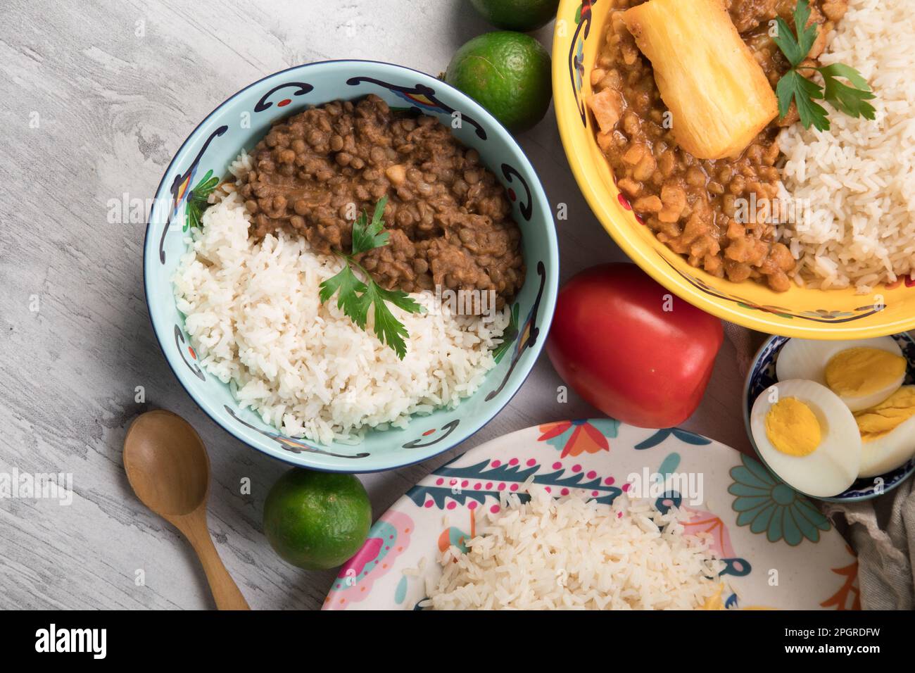 Peruvian food buffet table rice and lentils stew Stock Photo - Alamy