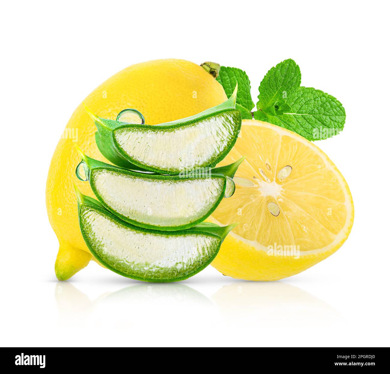 Composition of aloe vera leaves with lemon and mint isolated on white ...