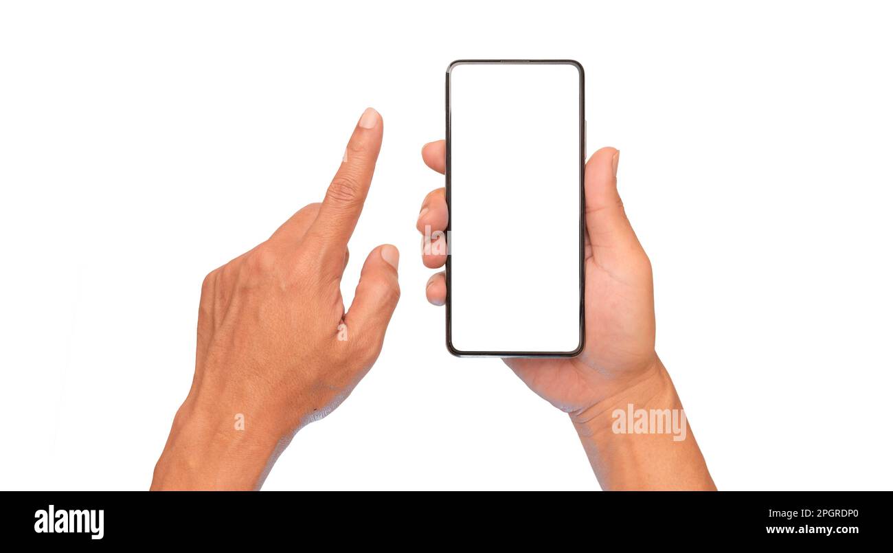 Empty mobile phone screen on men hand for additional user interface ...