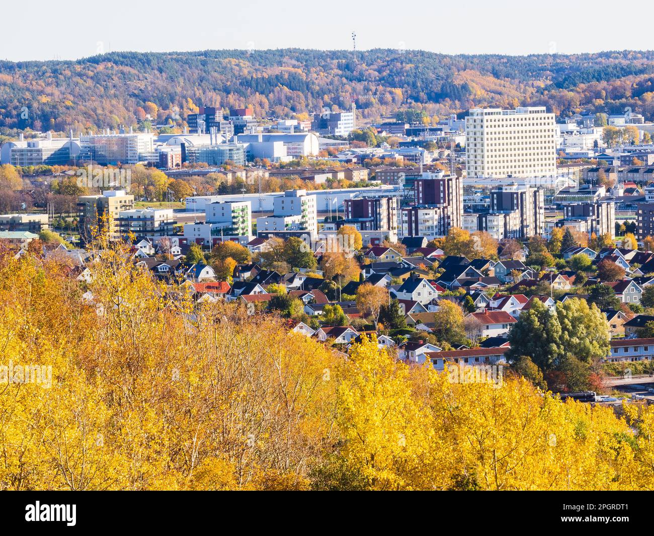 A high angle view of a beautiful landscape in Mölndal, Sweden. Autumn ...