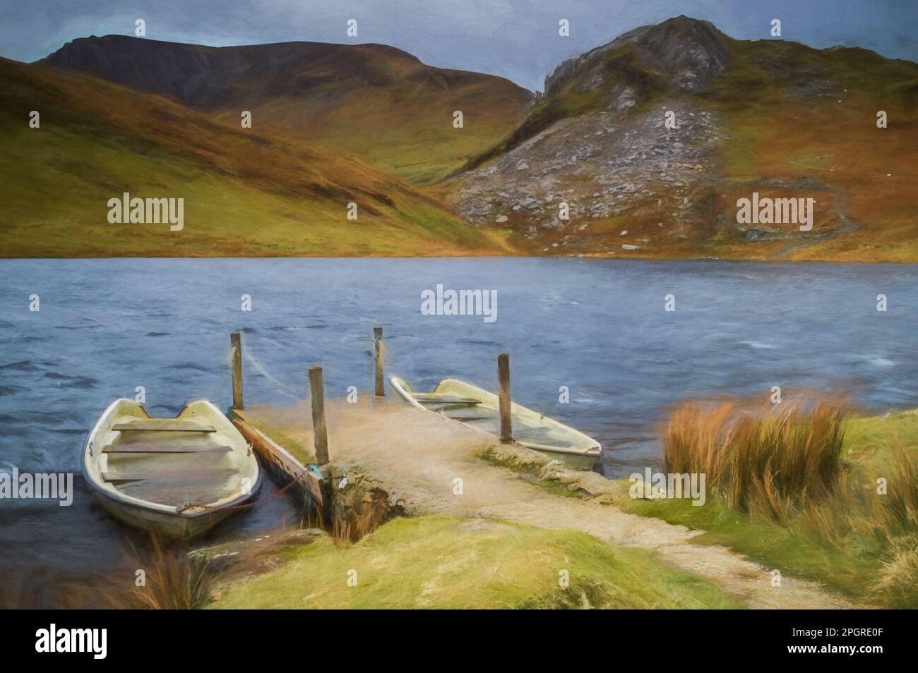 Digital painting of panoramic views of Llyn y Dywarchen, Snowdon, and Y ...
