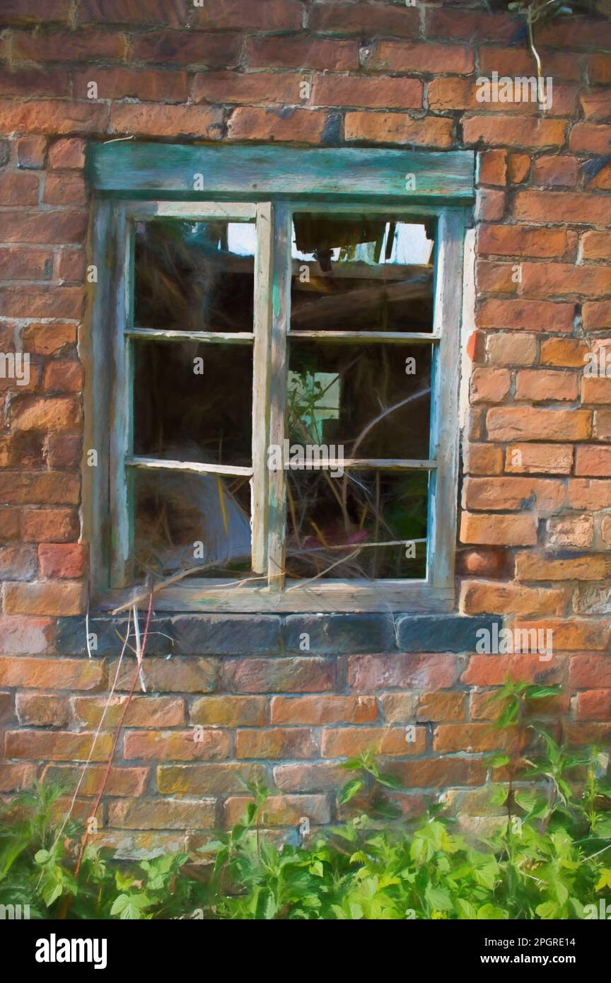 Digital painting of an abandoned old derelict, rotted green window ...