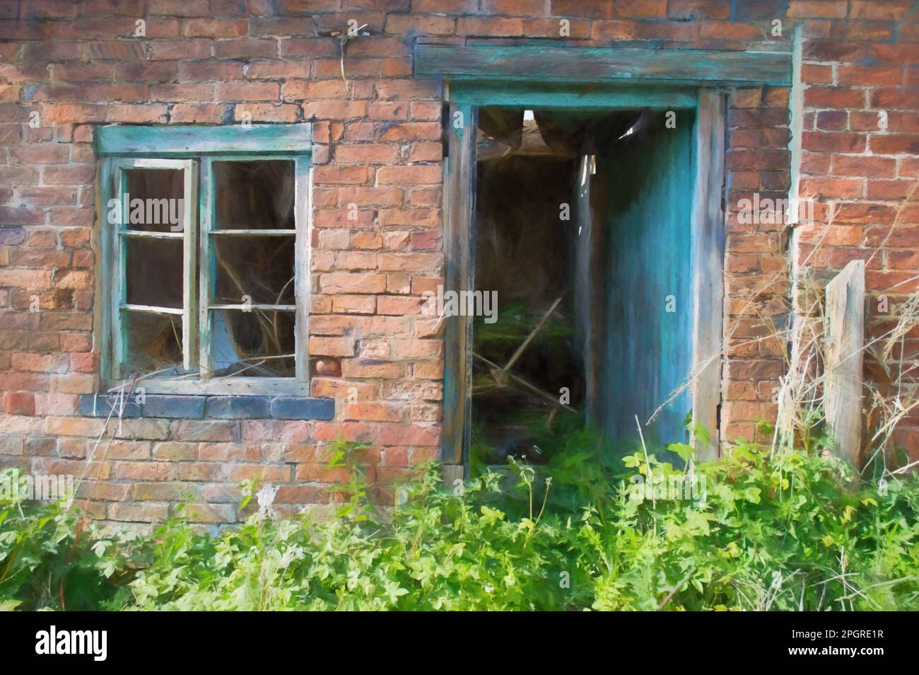 Digital painting of an abandoned old derelict, rotted green door frame ...