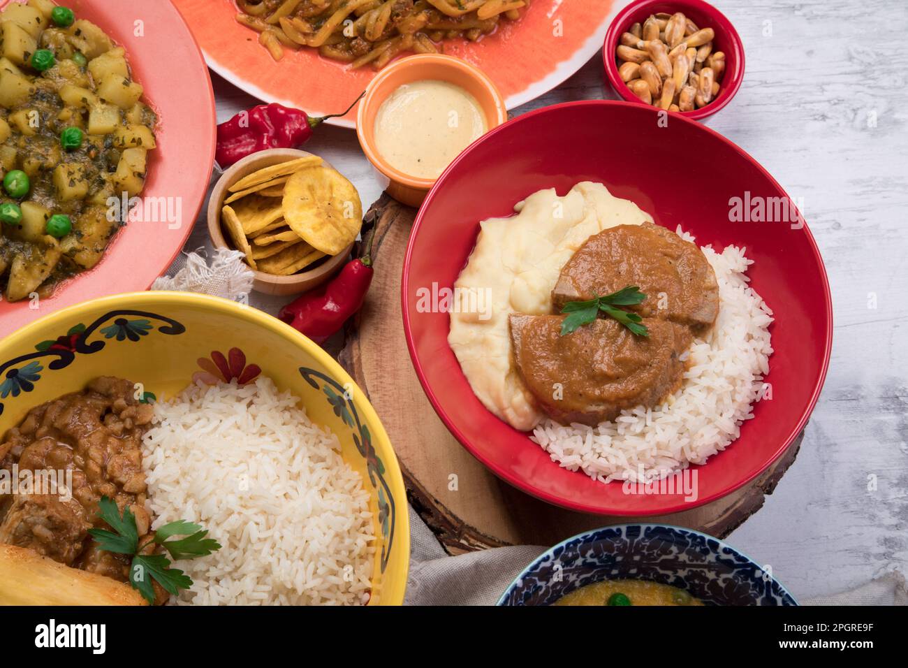 Peruvian food buffet table asado con peru beef stew with mashed ...