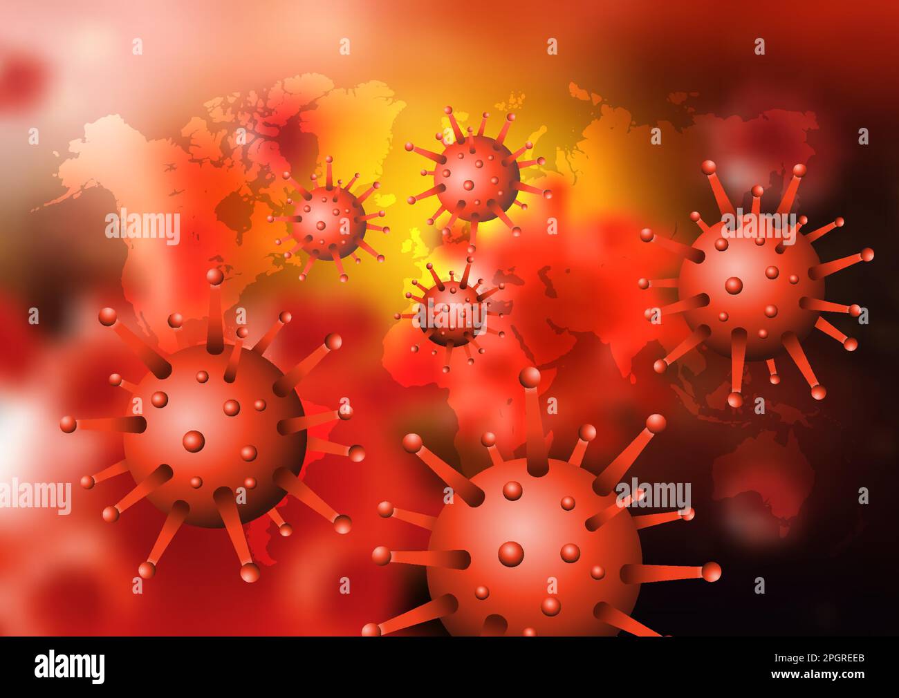 Abstract virus cells on a world map background depicting Covid 19 ...