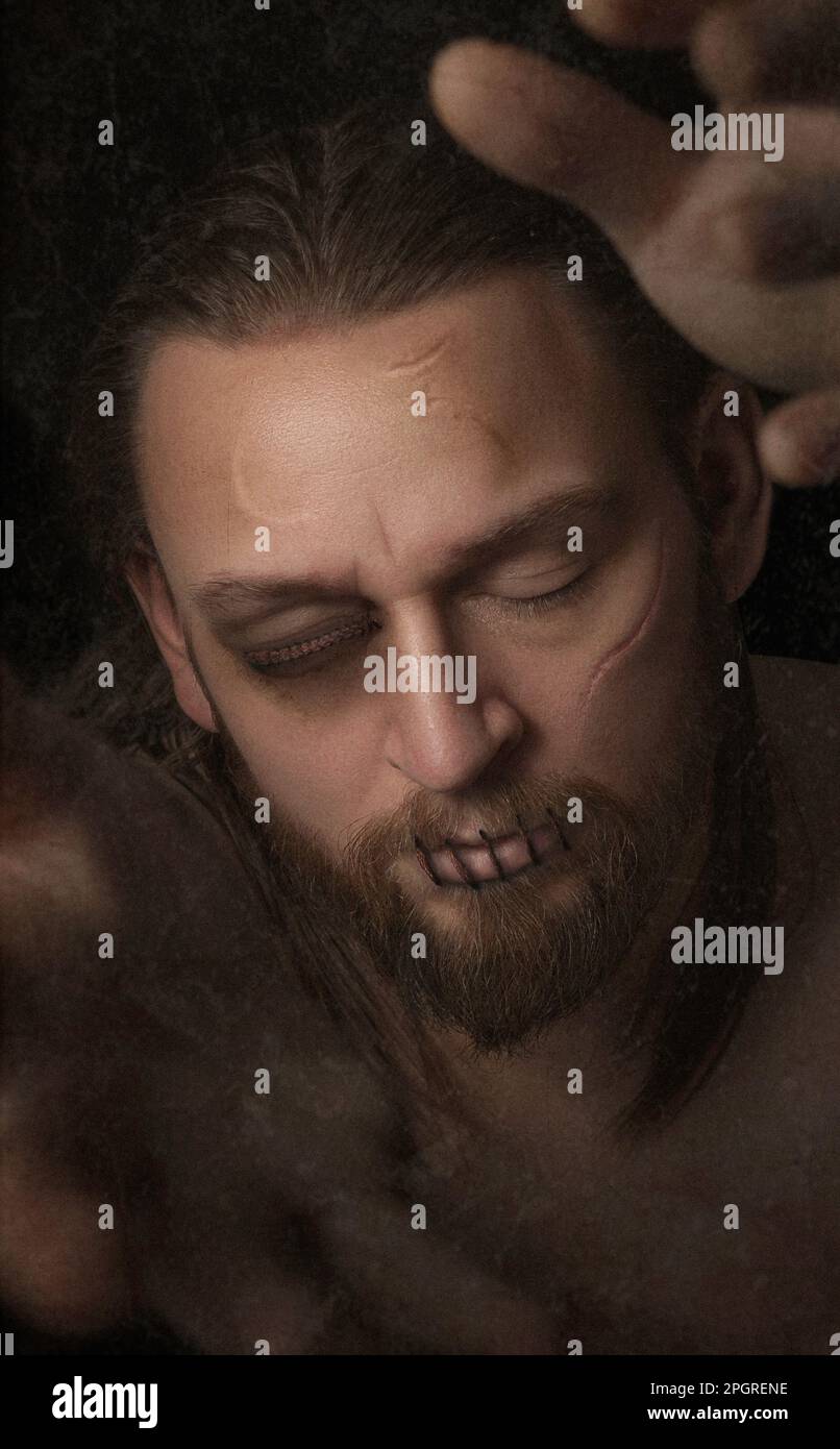 man with mouth and eye sewn closed his remaining eyelid and pleadingly ...