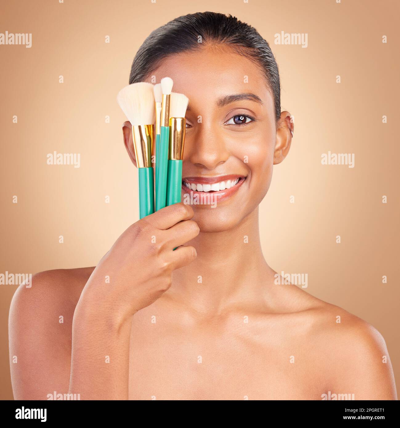 Makeup brush, smile portrait and woman with natural beauty, wellness ...