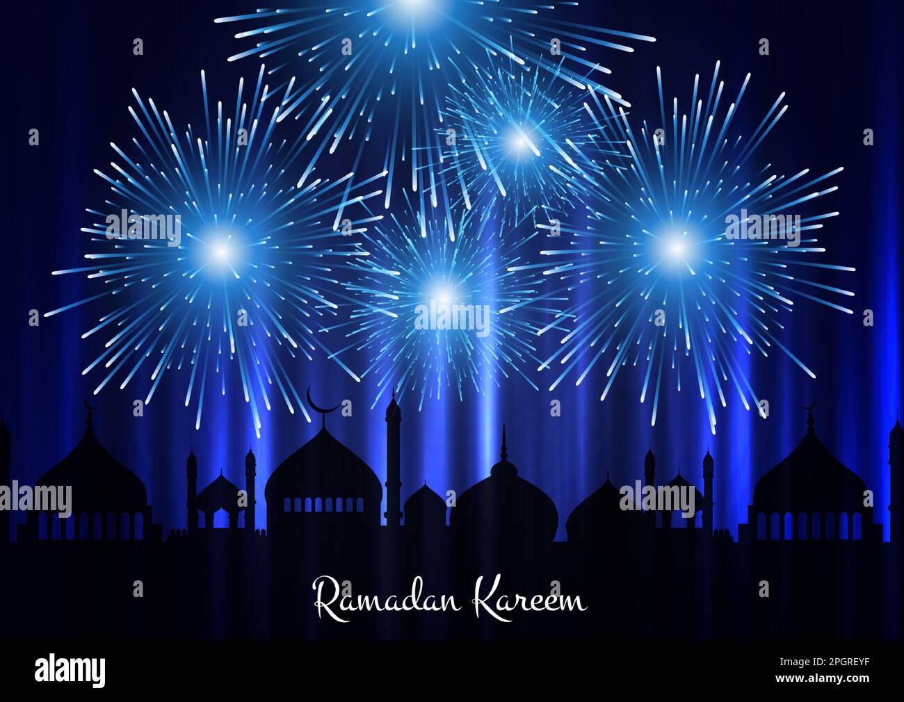 ramadan kareem background with mosque silhouette and fireworks in the ...
