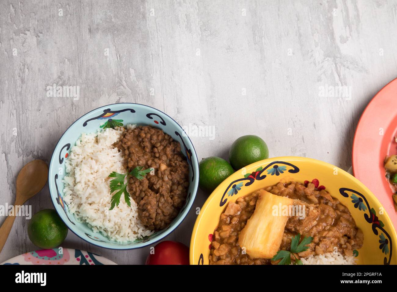 Peruvian food buffet table rice and lentils stew Stock Photo - Alamy