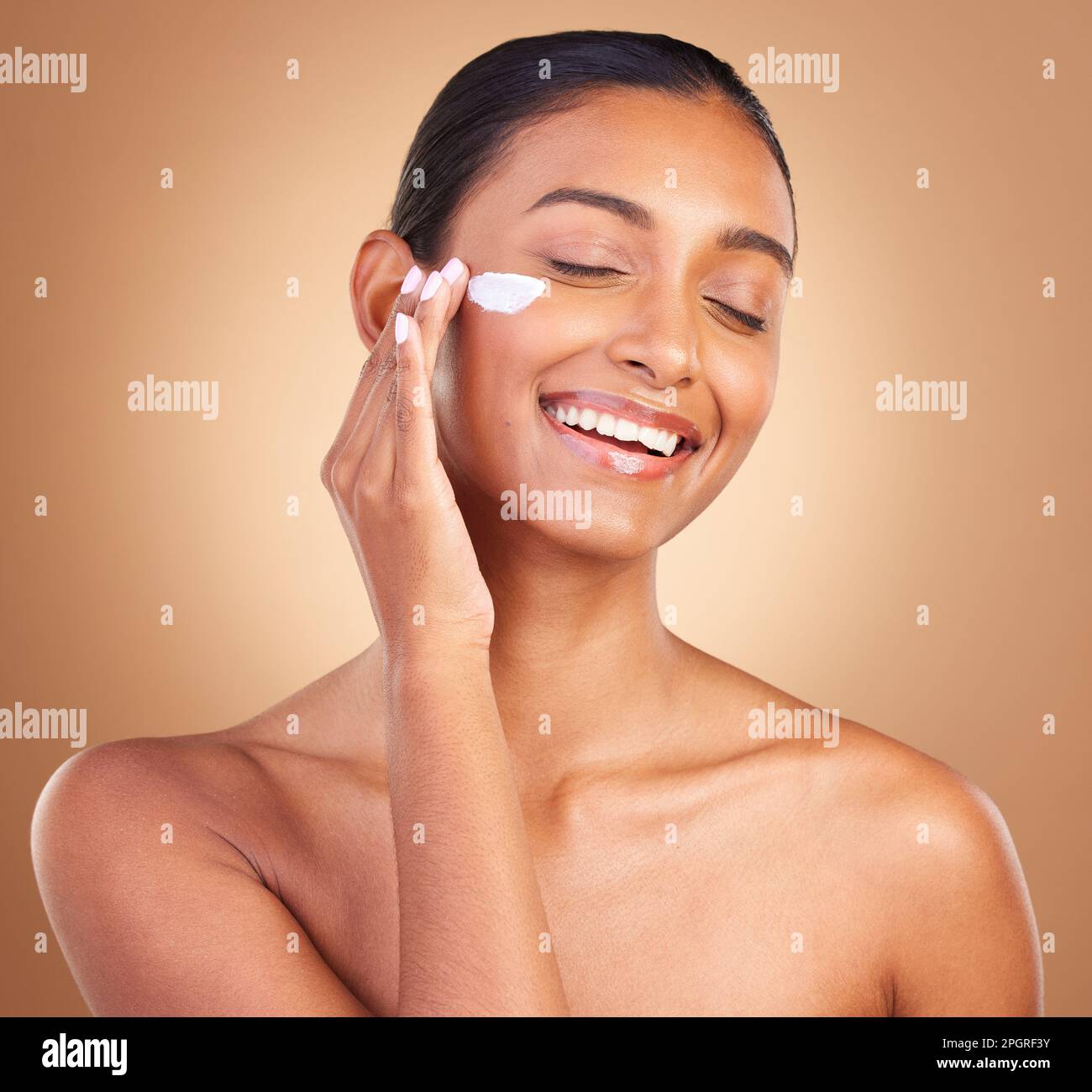 Skincare beauty, sunscreen and laugh of a happy woman with cosmetic and ...