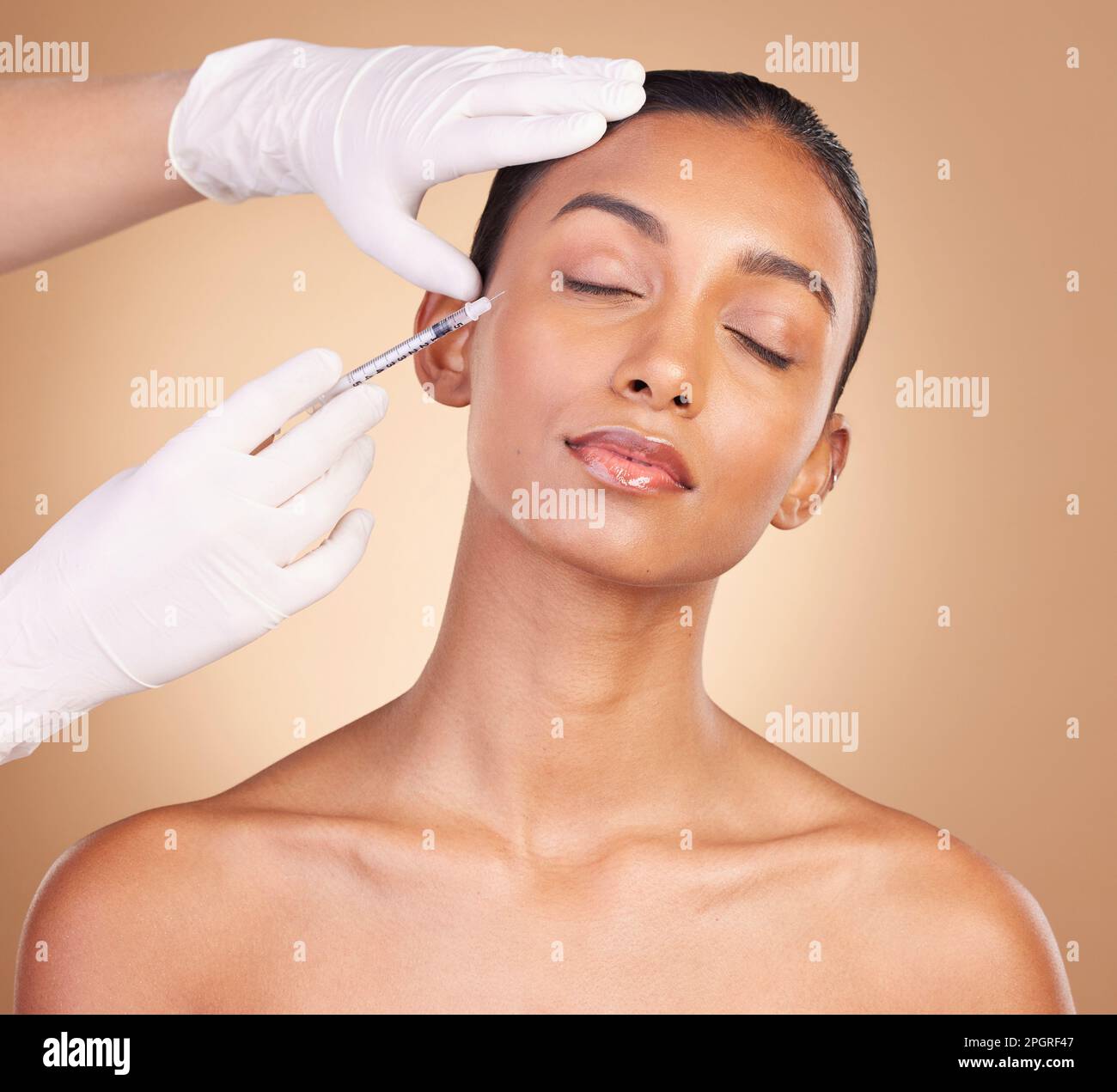 Woman, face and needle with beauty and dermatology, skincare with ...