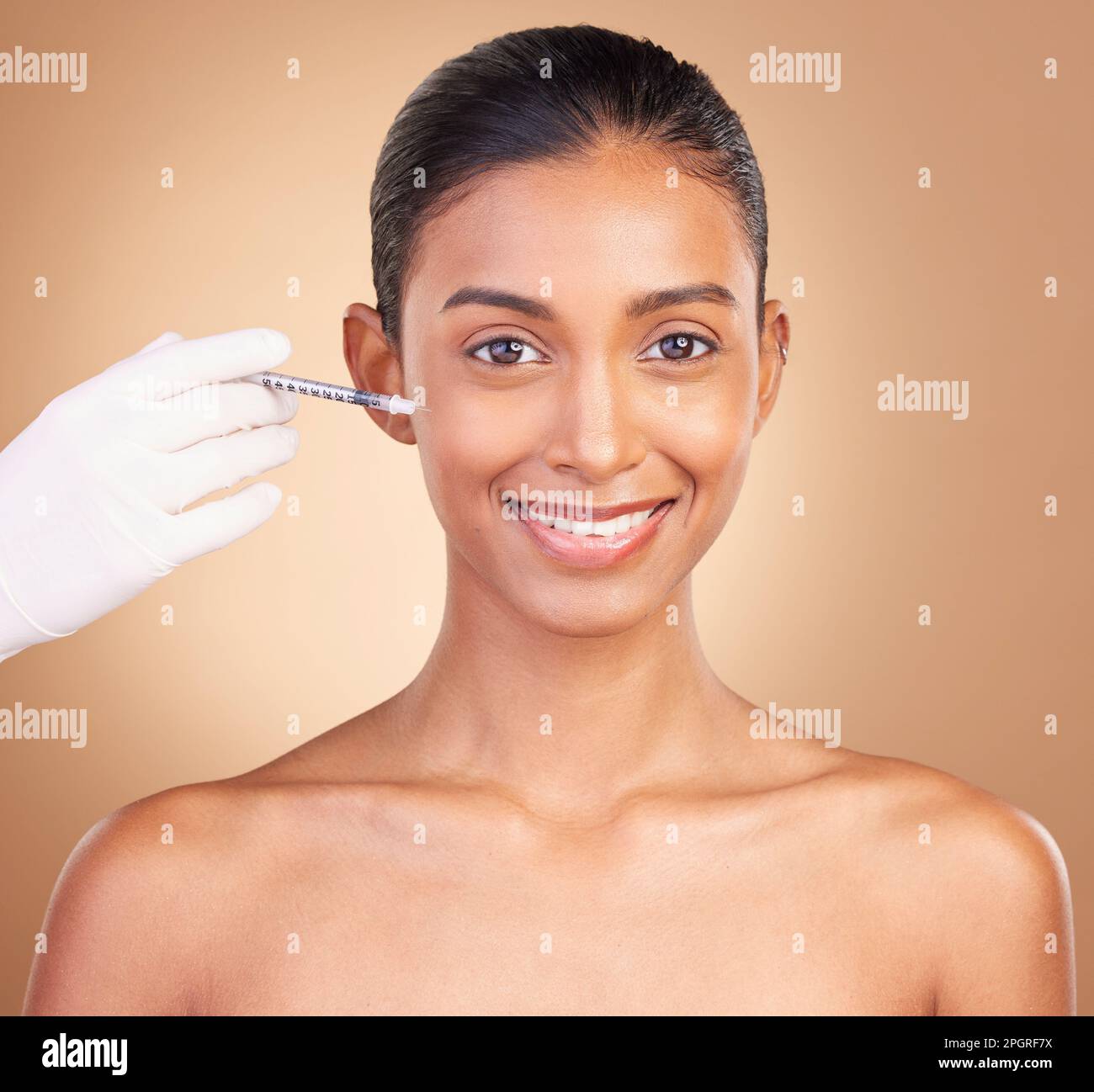 Woman, face injection and needle, dermatology and skincare, plastic ...