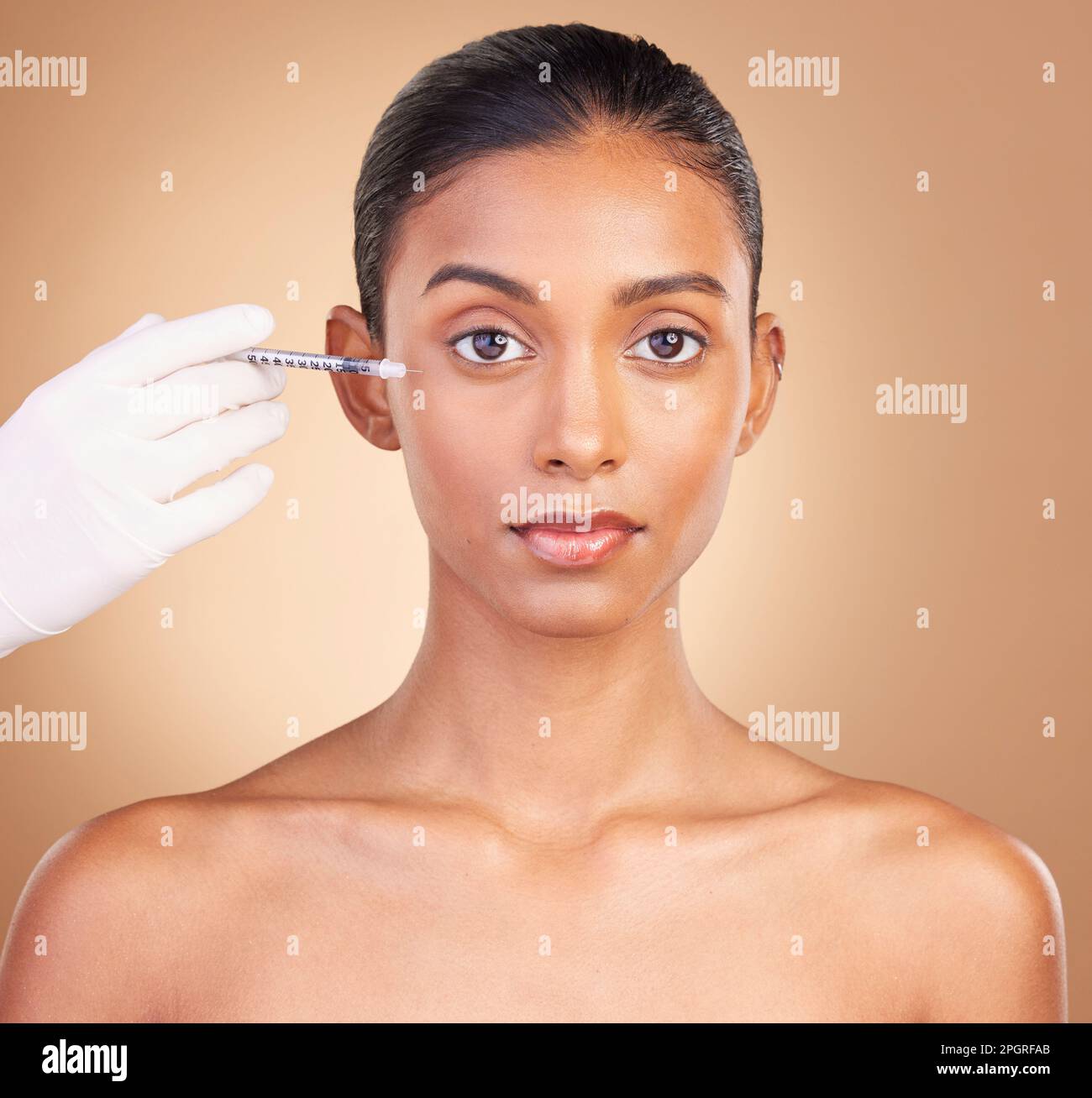 Woman, face injection and needle with beauty, dermatology and skincare, plastic surgery on ...