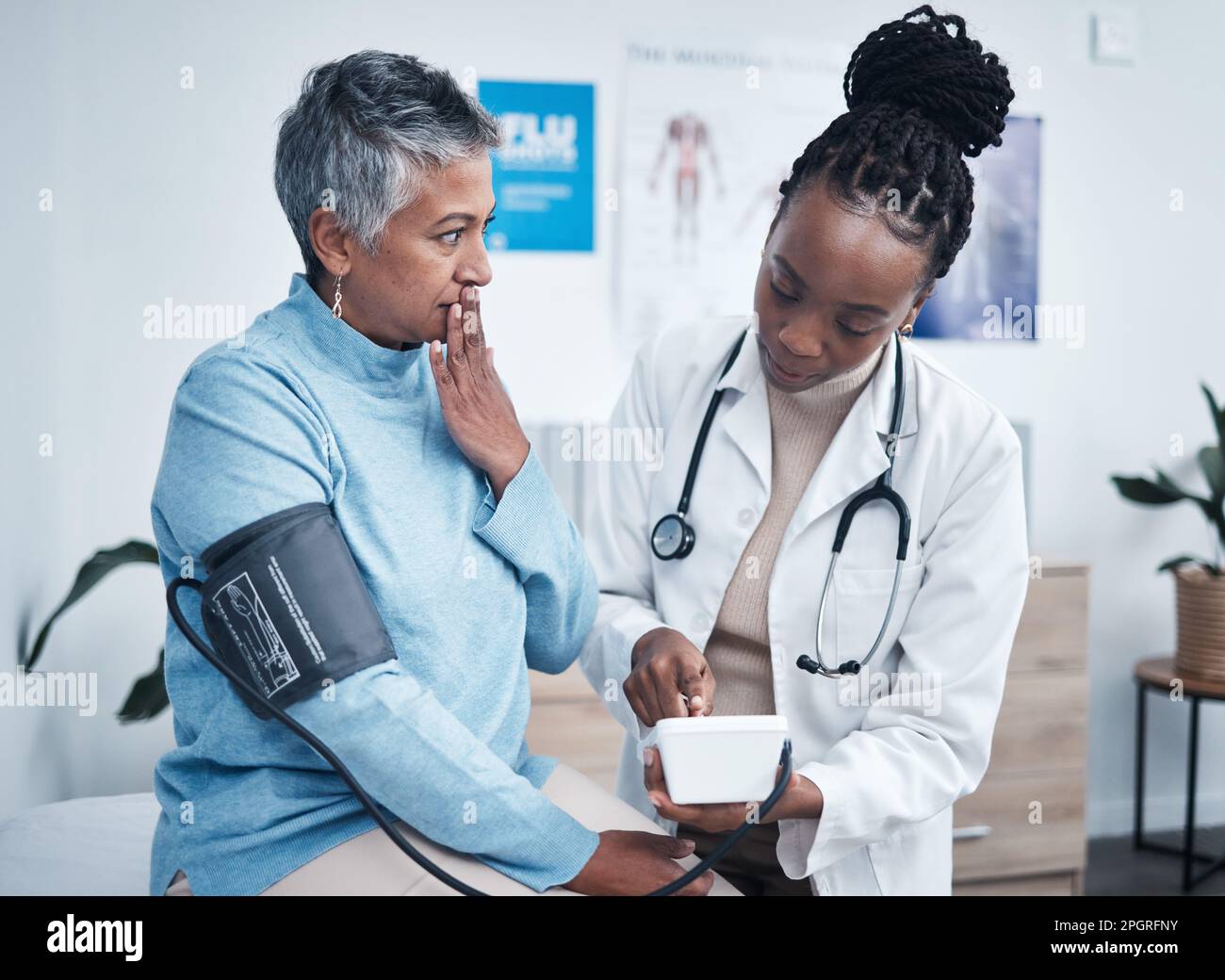 Doctor, elderly woman and surprise for blood pressure reading with ...