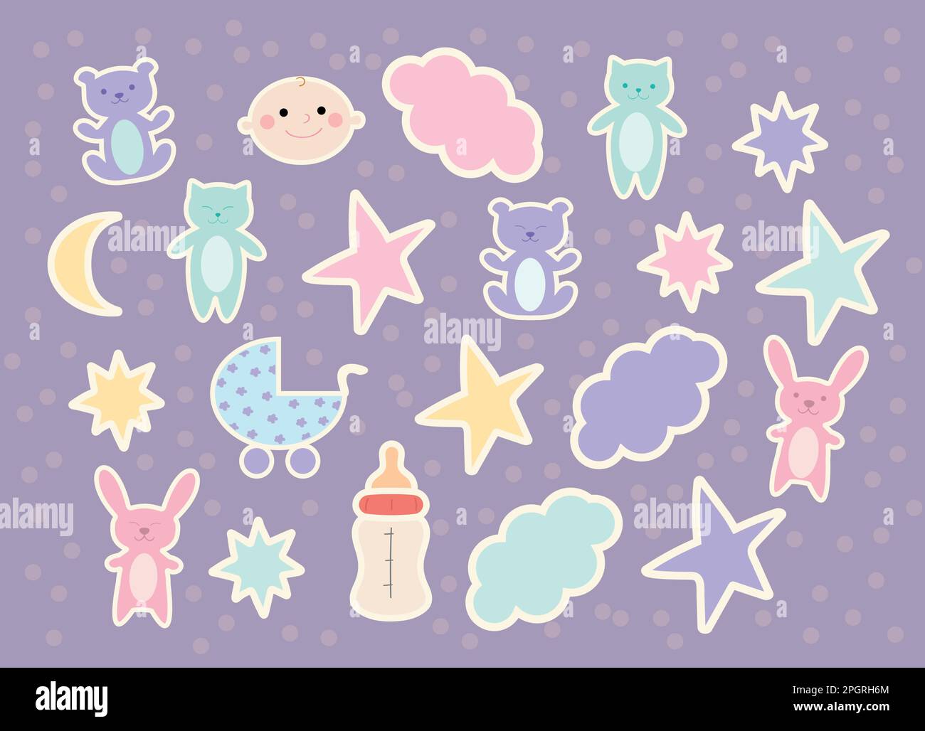 Baby sticker pack. Cute teddy bears, bunnies, cats, stroller, bottle ...