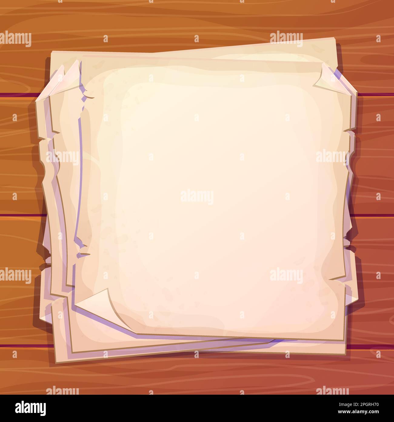 wooden desk, table with parchment paper notes top view in cartoon style ...