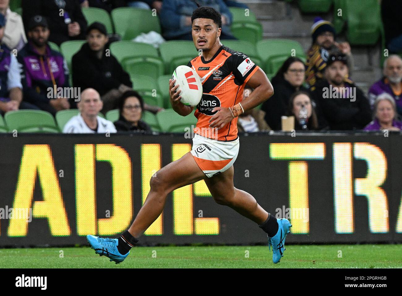 Junior Tupou of the Tigers in action during the NRL Round 4 match ...