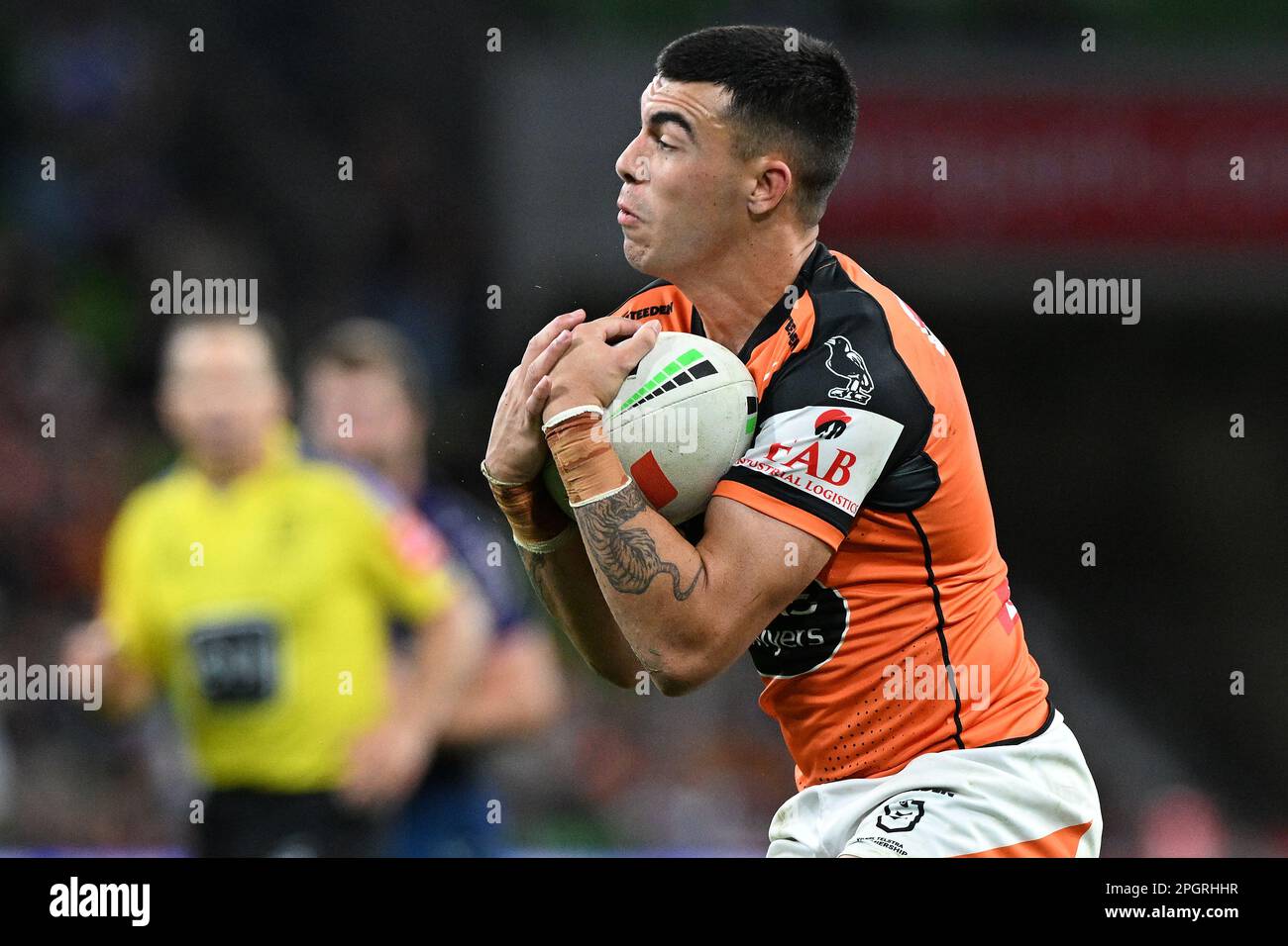 Charlie Staines of the Tigers in action during the NRL Round 4 match ...