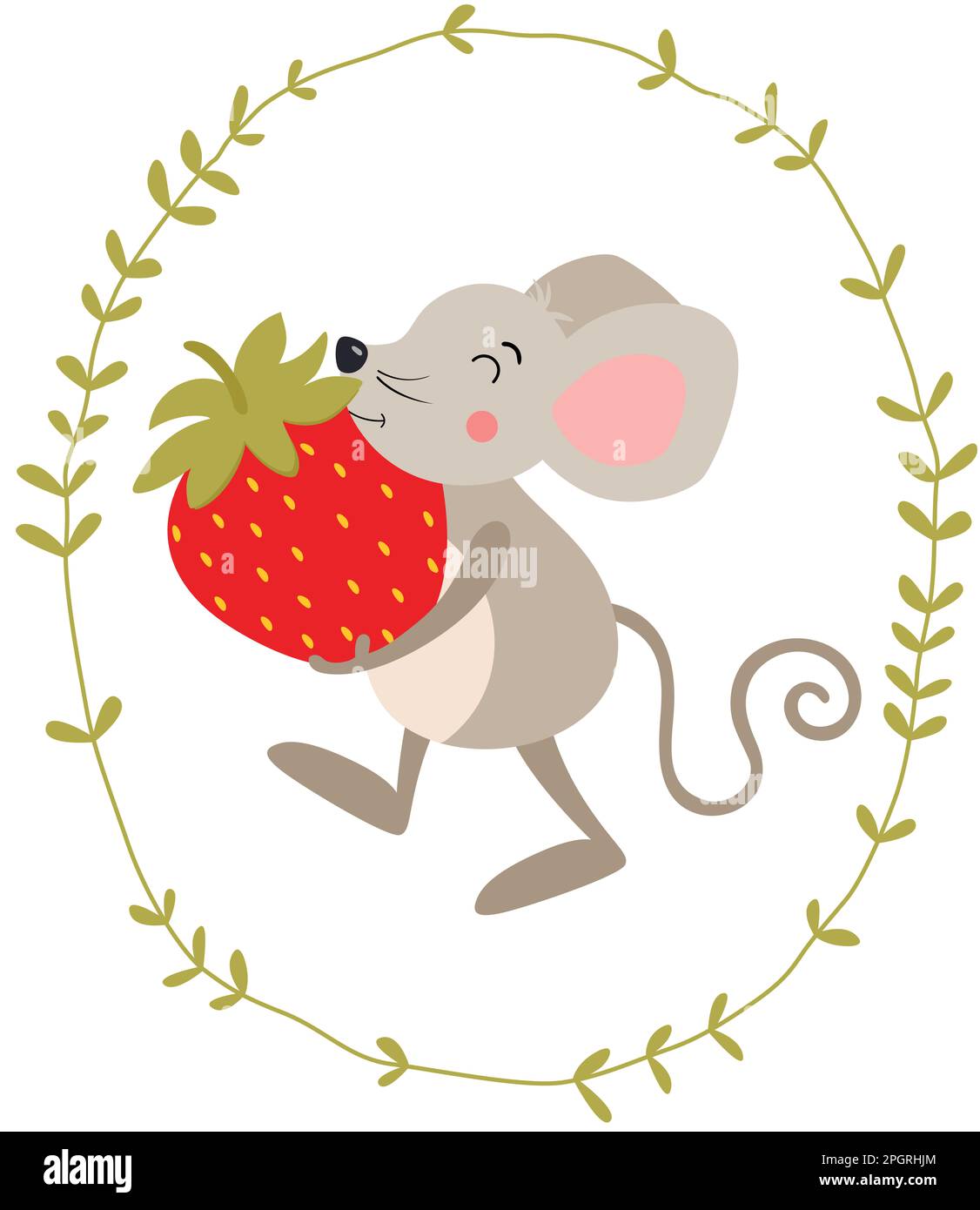 Illustration with a cute mouse carrying a red strawberry inside an oval ...