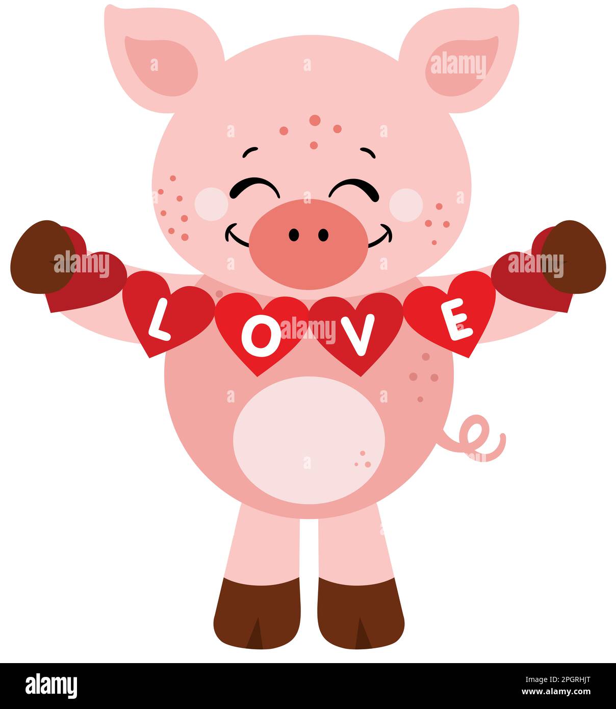 Loving pig holding a love red heart flag garland Stock Photo - Alamy