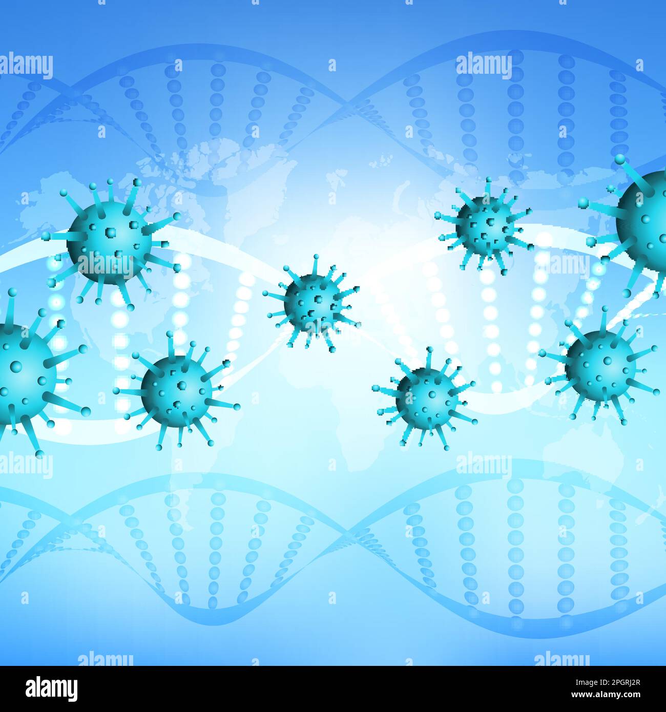 Medical background with a world map, covid 19 cells and dna strands ...