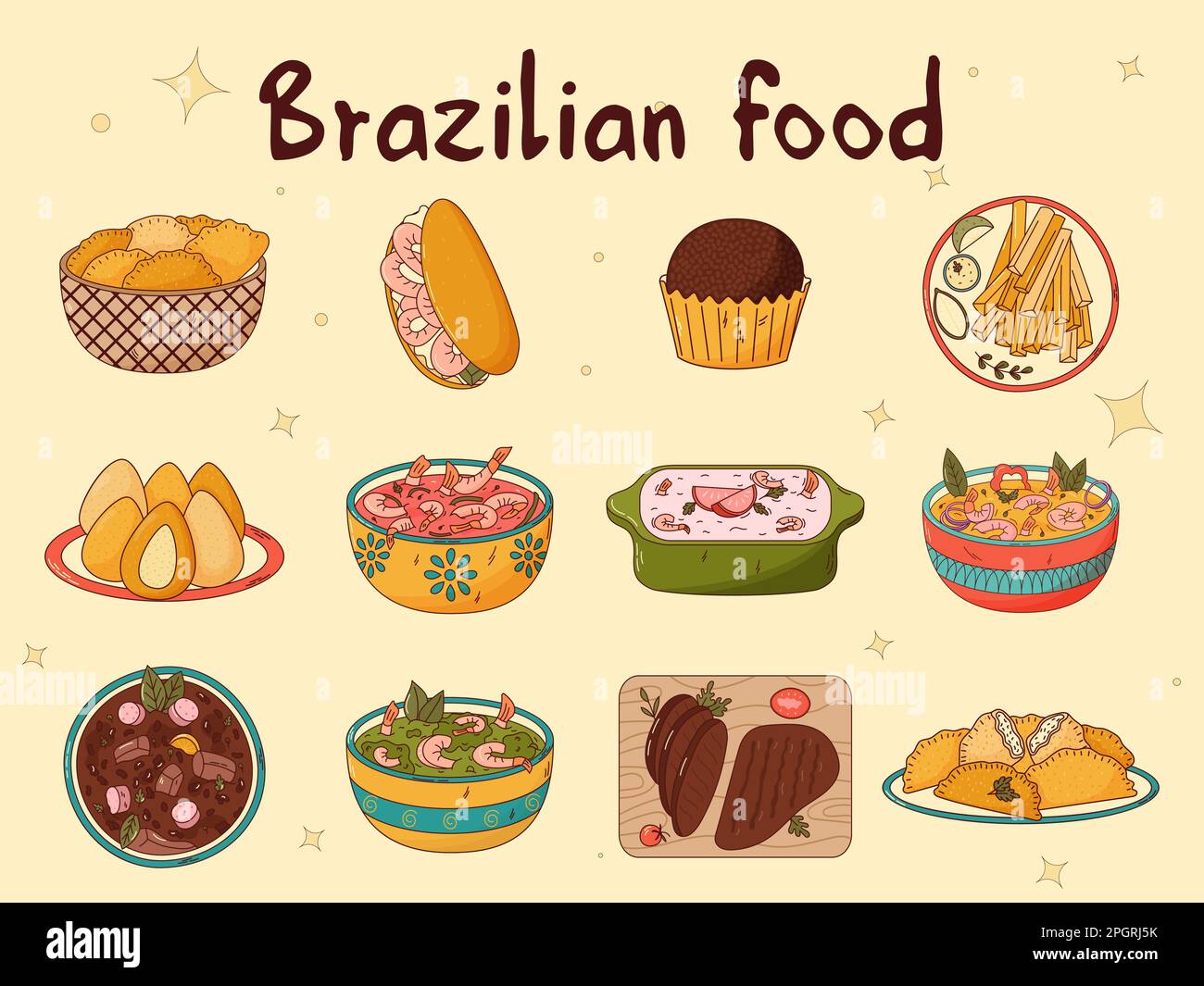 Set of Brazilian traditional food. Vector illustration in hand drawn ...