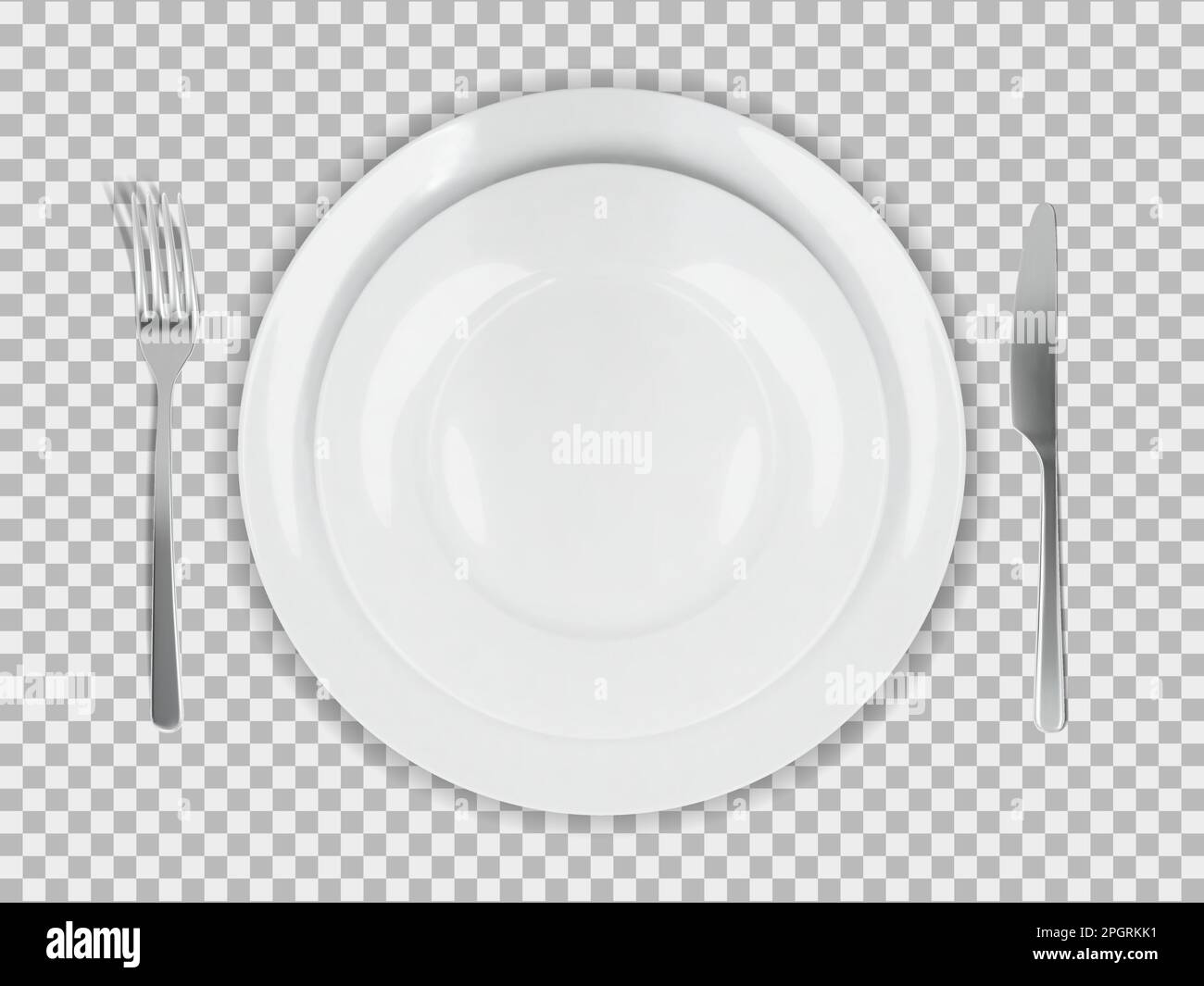 Two white round empty plates top view with fork and knife. Vector ...