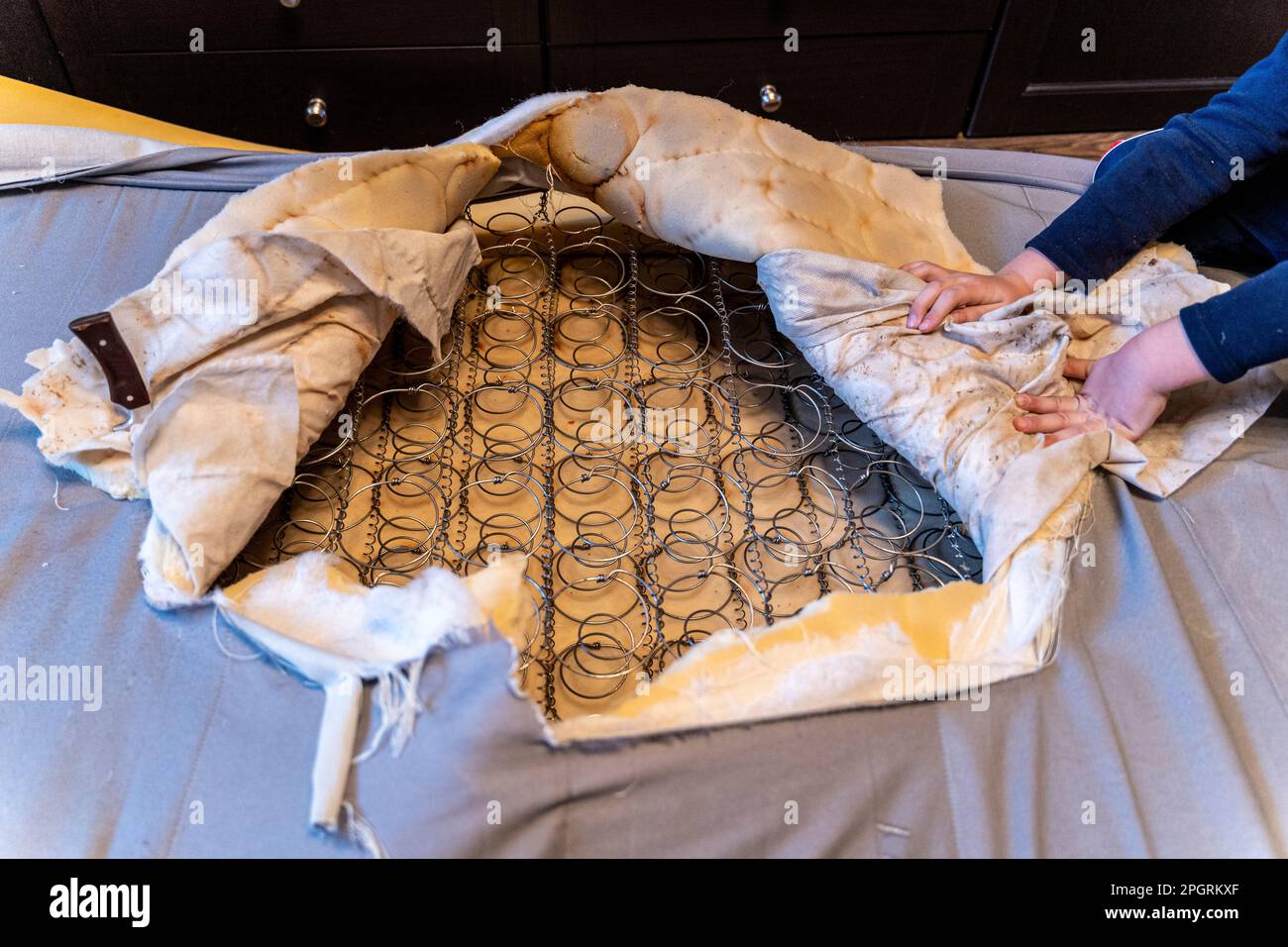 A man cut a spring mattress with a knife. Spring block and foam lining ...