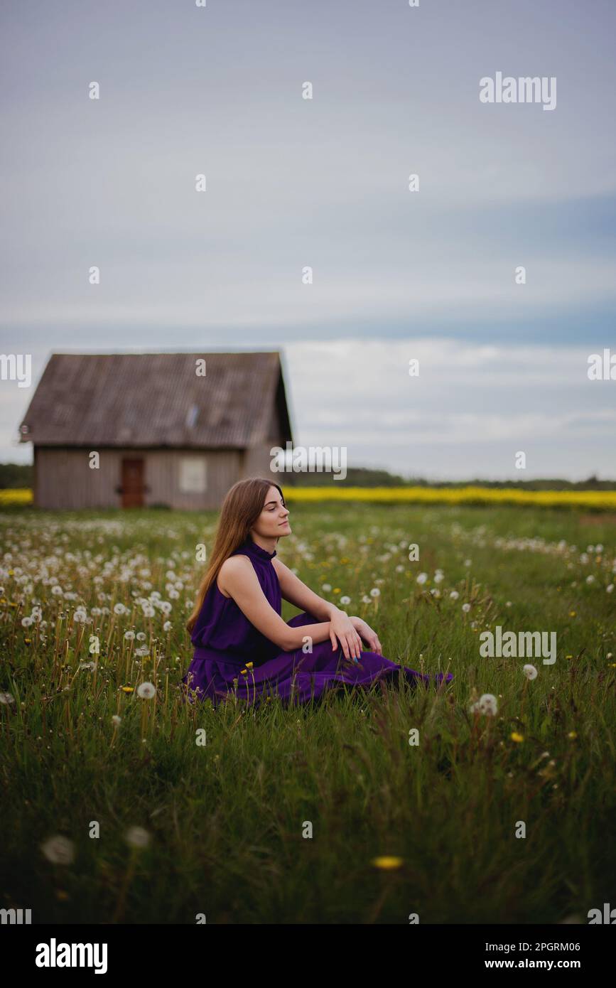 Country side girl in milk flowers Stock Photo - Alamy