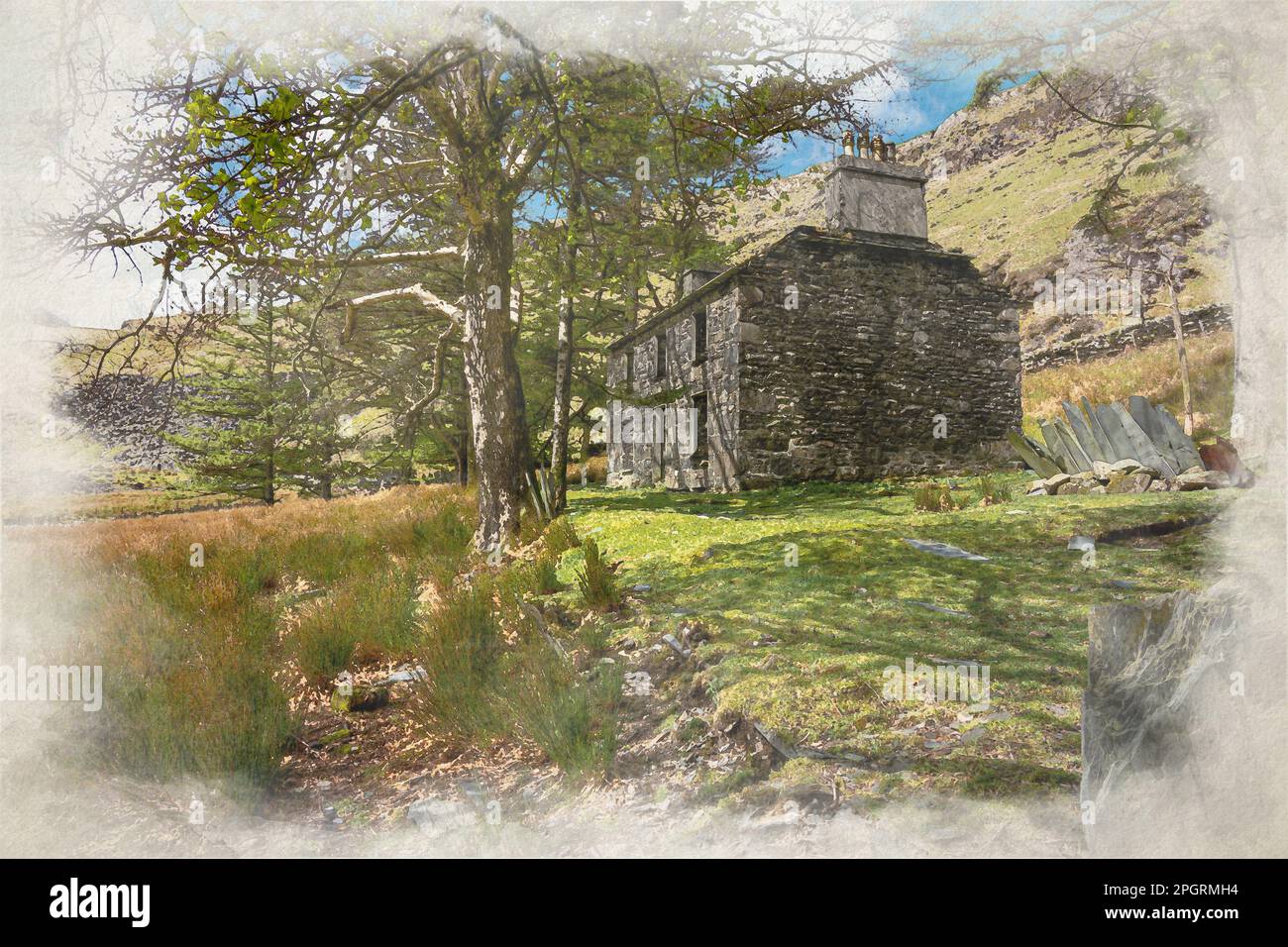 Digital watercolor painting of the abandoned Cwmorthin slate mine at ...