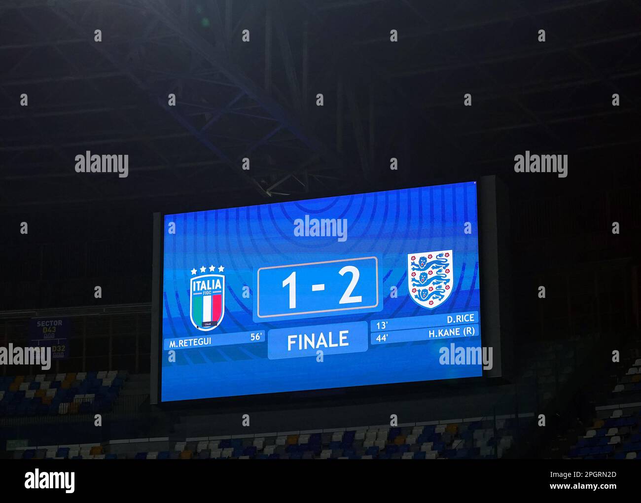 A general view of the scoreboard reading Italy 1-2 England following ...