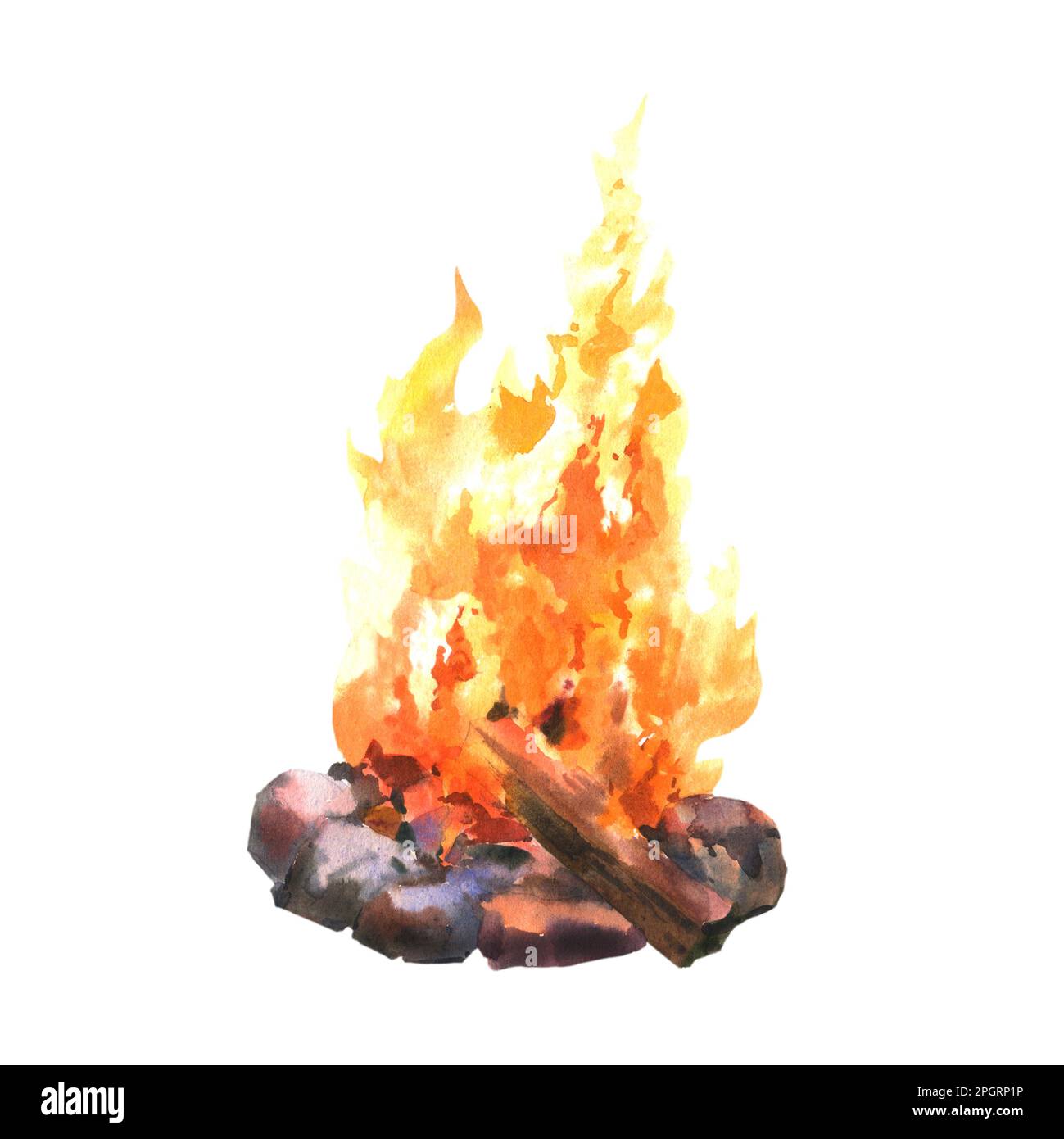 Watercolor bonfire with wood on the campfire camp place. Hand drawn ...