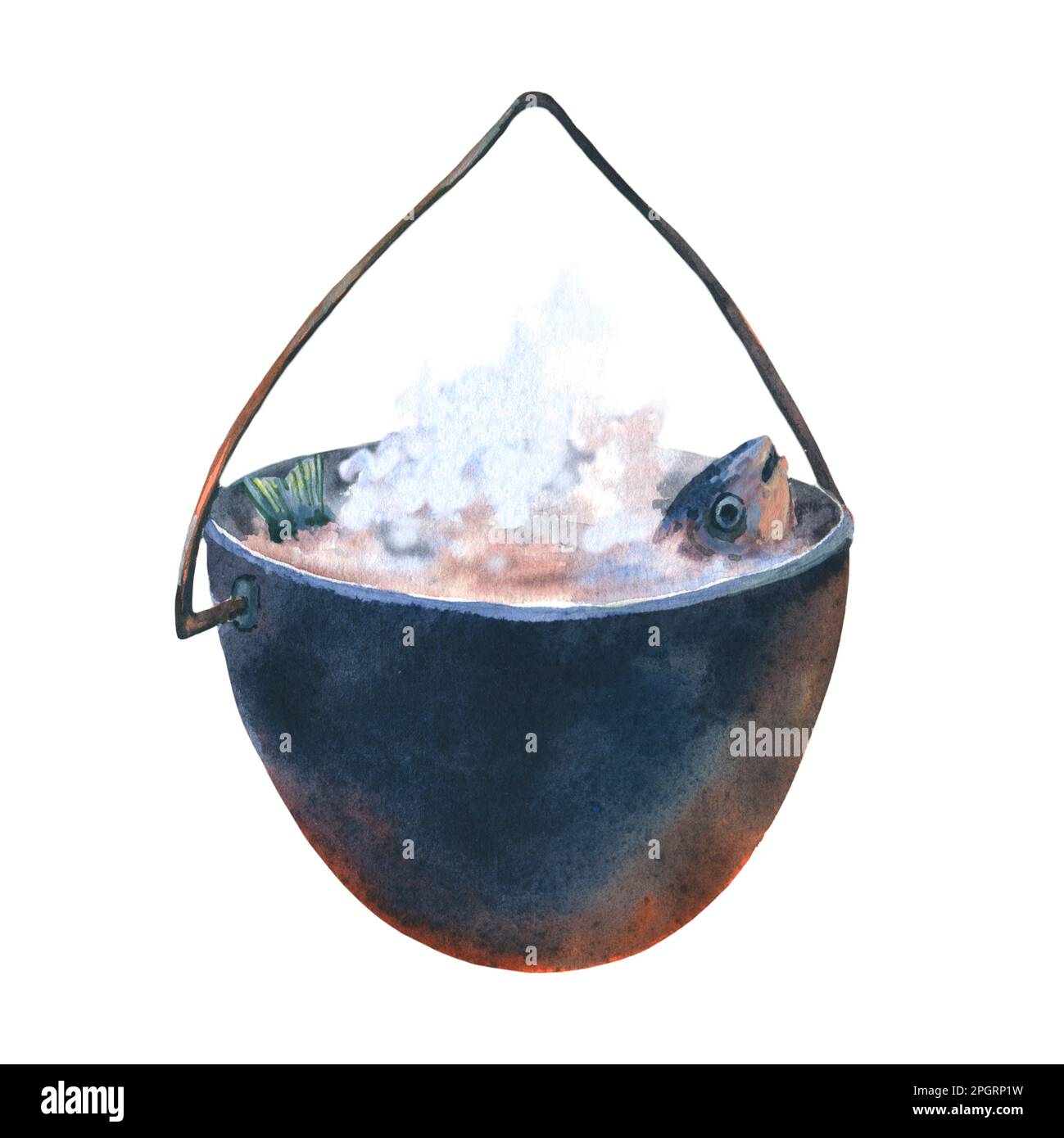 Watercolor element, tourist camp cauldron with boiling fish soup in the ...