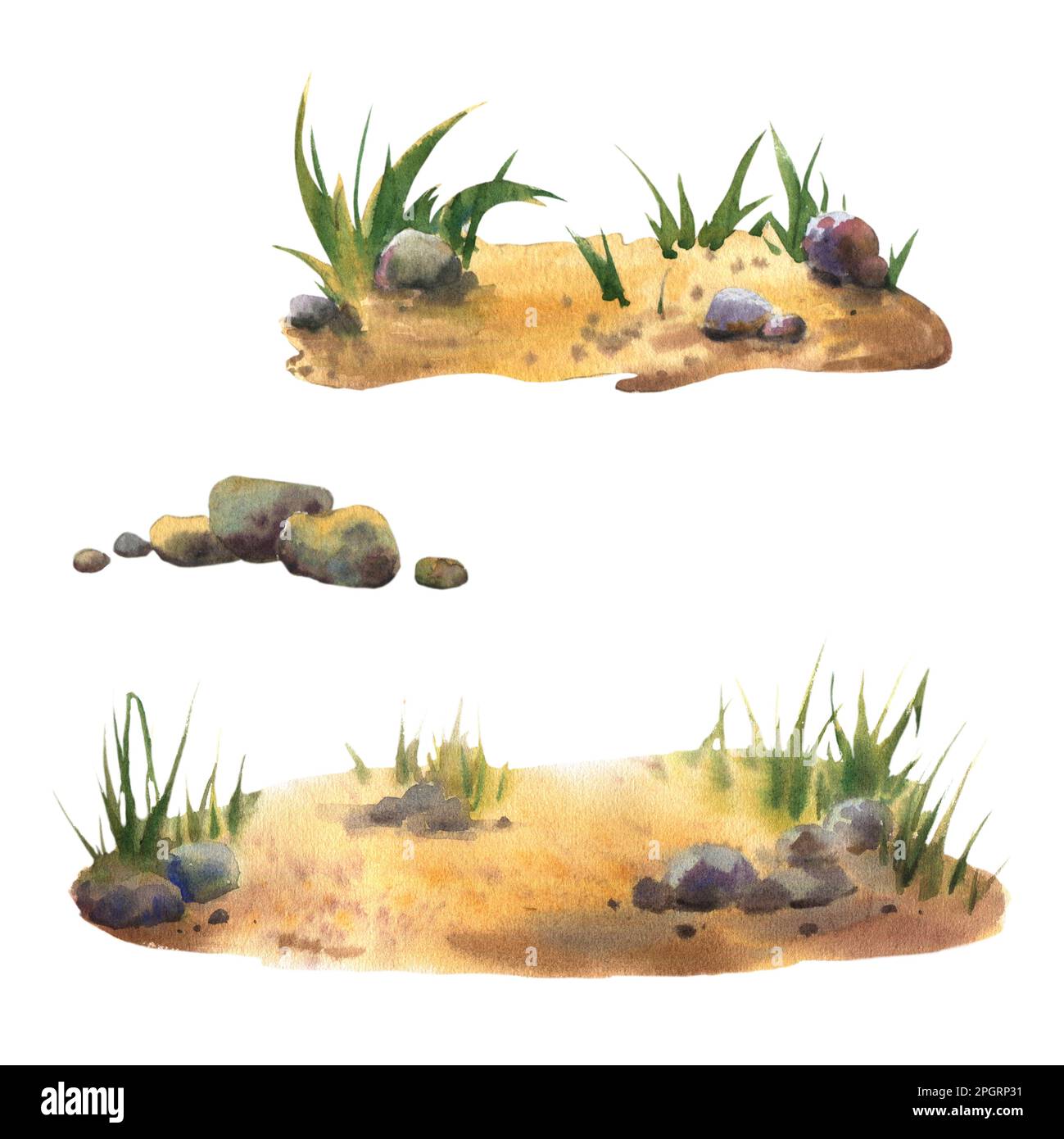 Set of Sandy ground with small rocks background. Watercolor ...