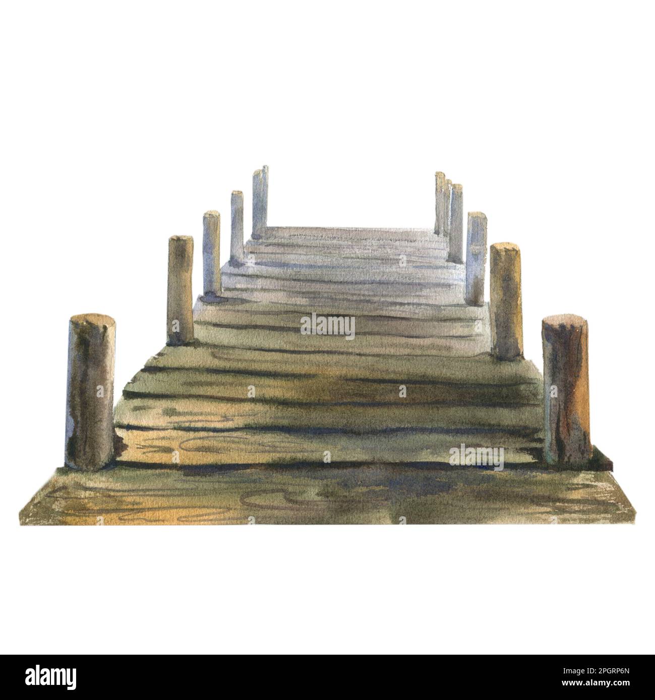 Watercolor illustration, old wooden pier. Hand drawn watercolor graphic ...