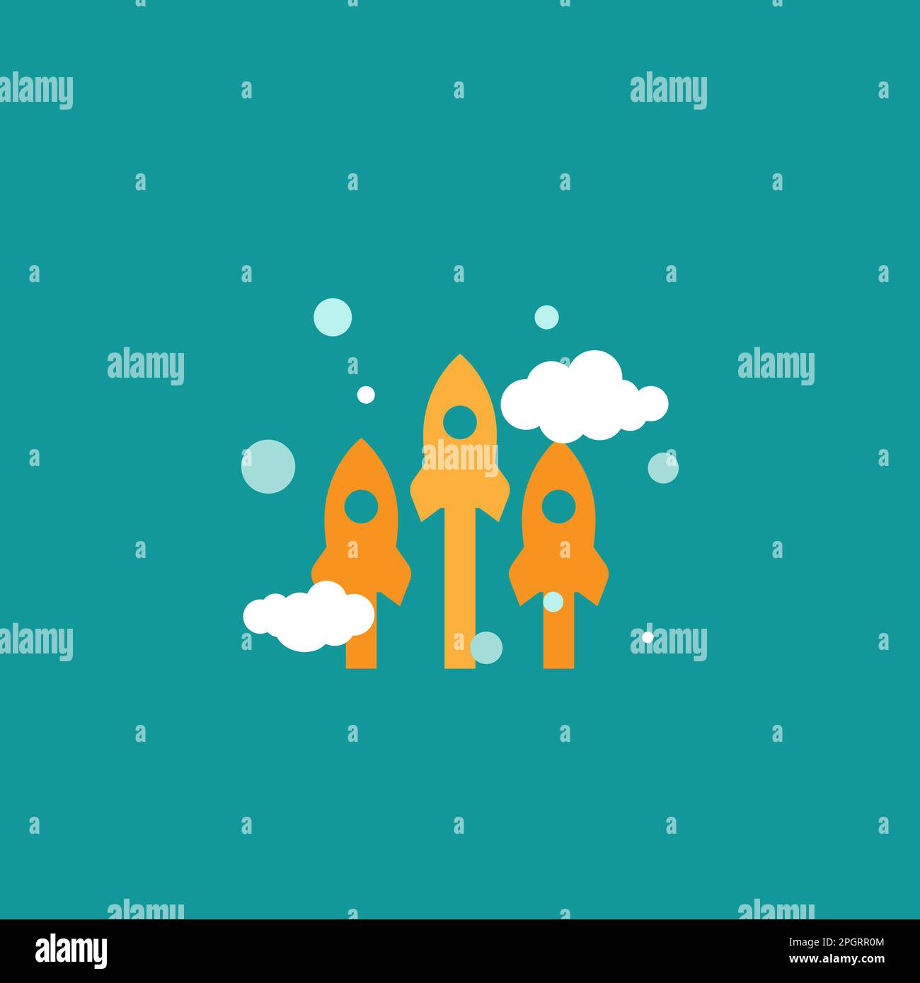 three red arrows up with rocket and clouds on blue background. Launch ...