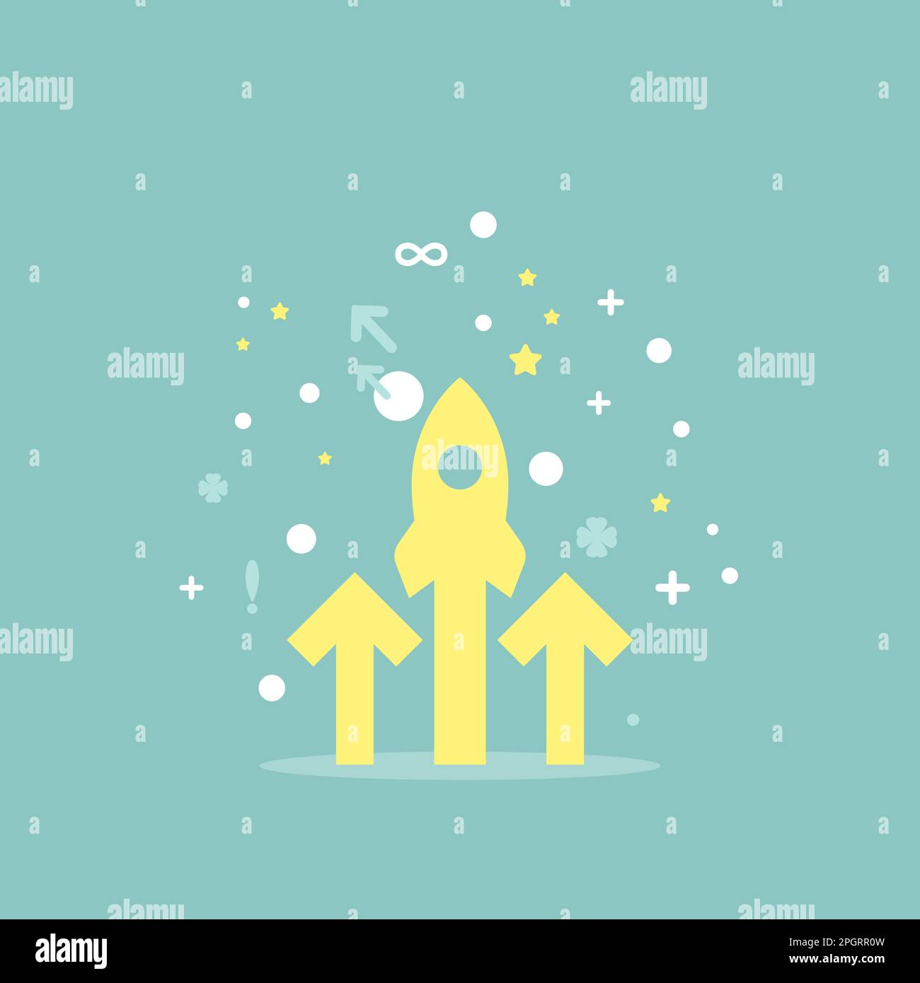 three red arrows up with rocket and clouds on blue background. Launch ...