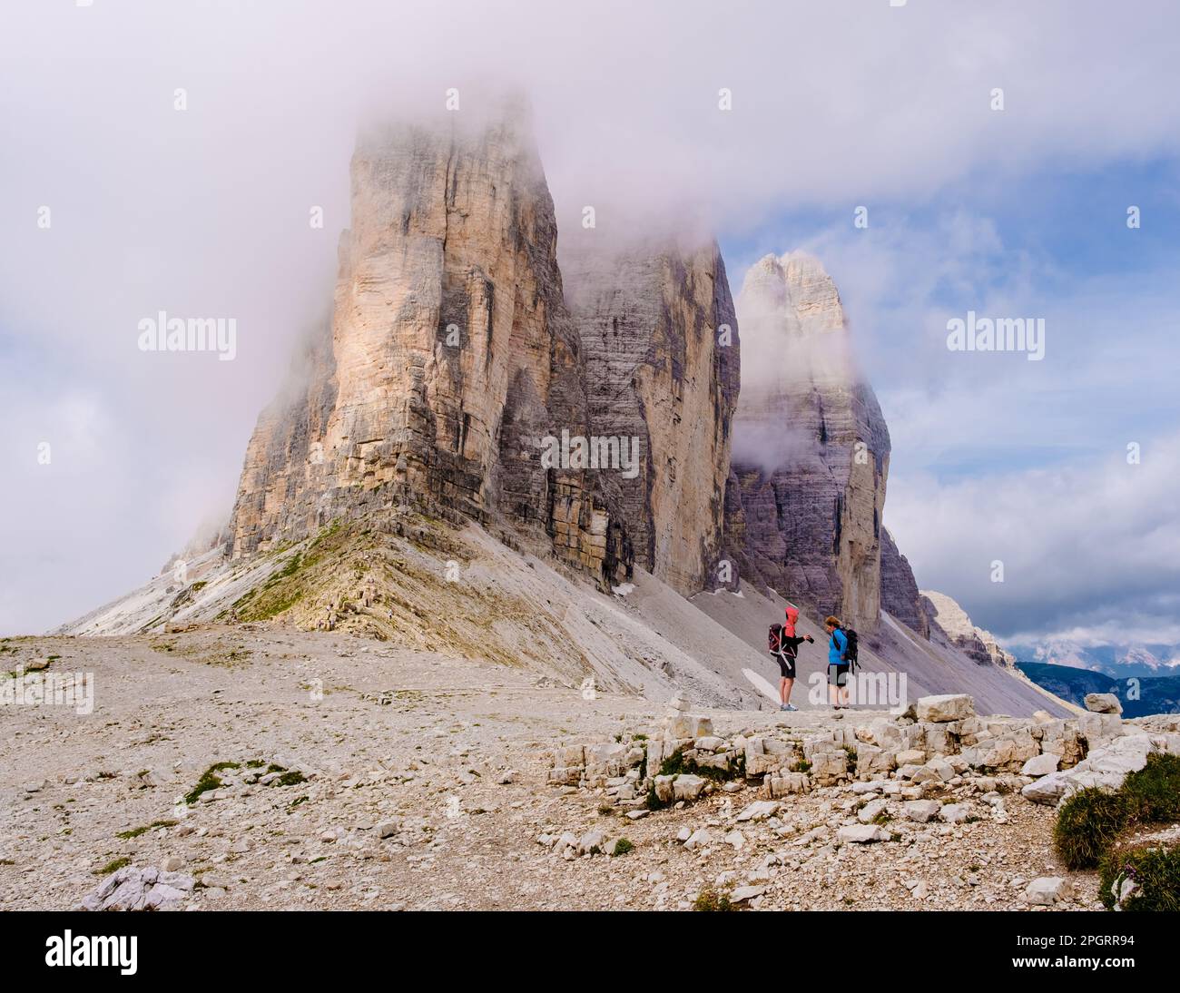 Tre Cime di Lavaredo peaks or Drei Zinnen at sunset, Dobbiaco Toblach ...