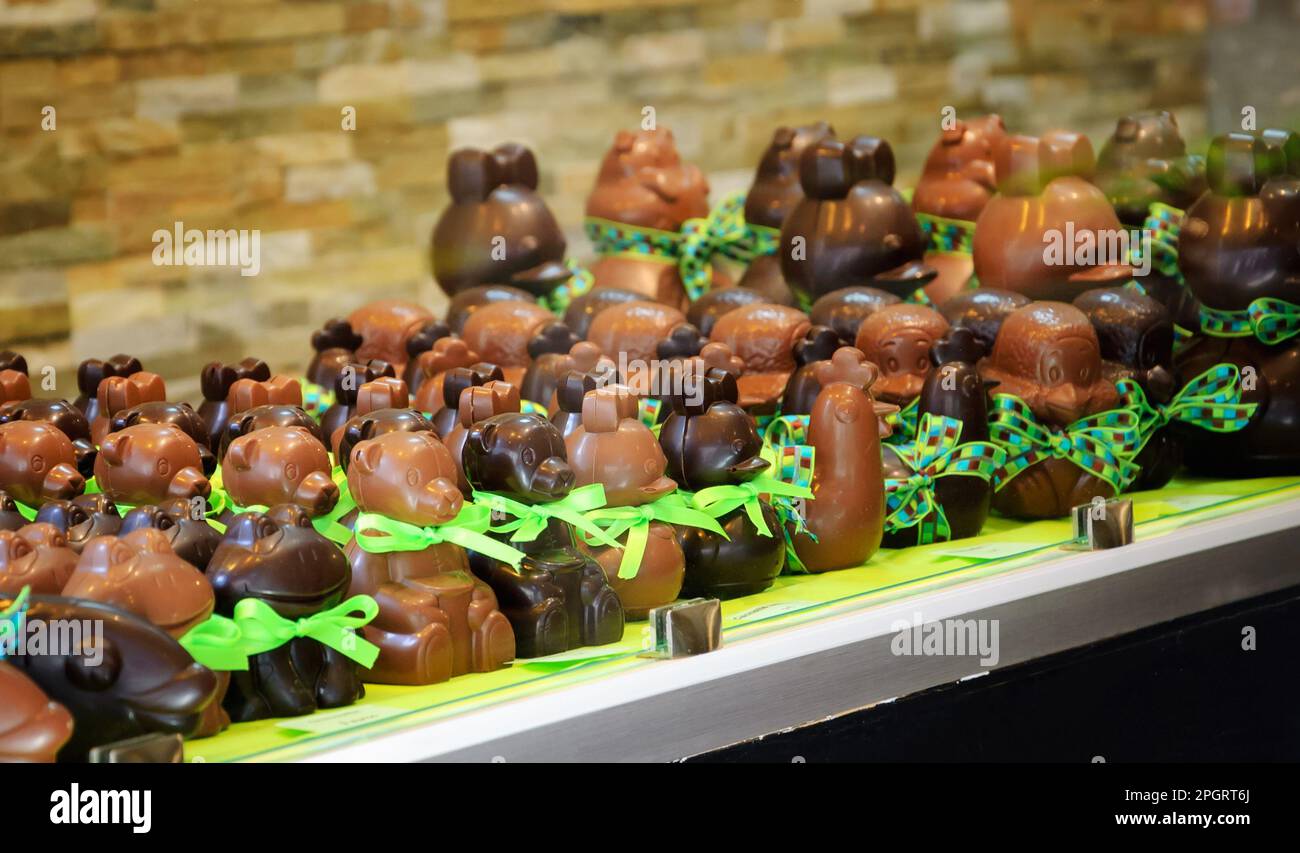 PARIS, FRANCE - MARCH 12, 2016: Easter chocolate figures in different ...