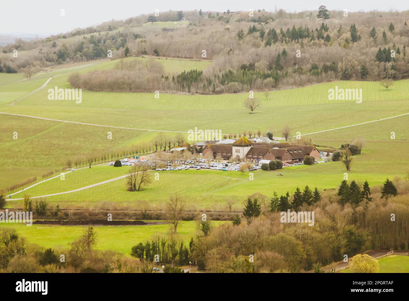 Aerial view of Denbies Wine Estate taken from Box Hill, Surrey Hills ...