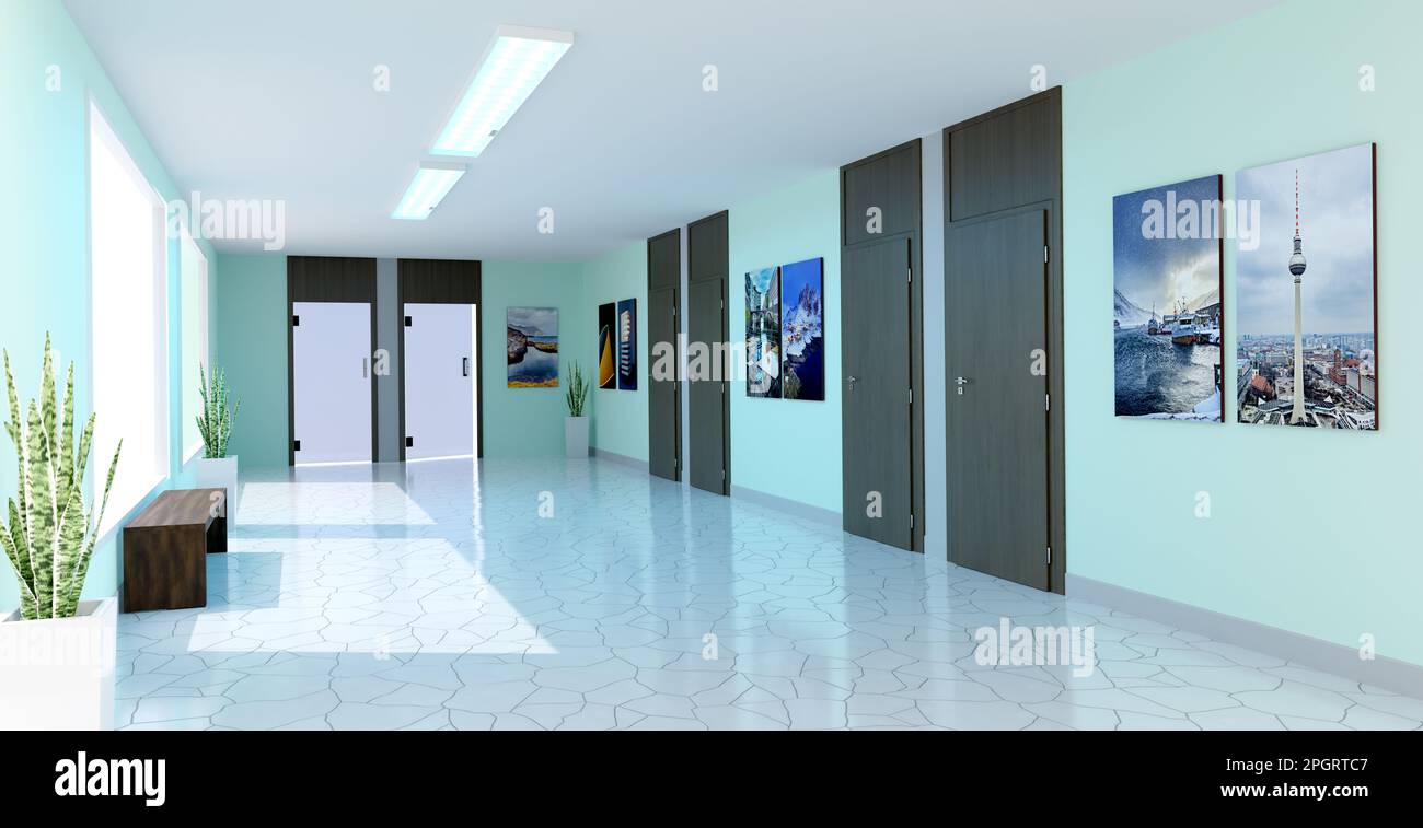 Office corridor with canvas and posters, 3D illustration Stock Photo ...