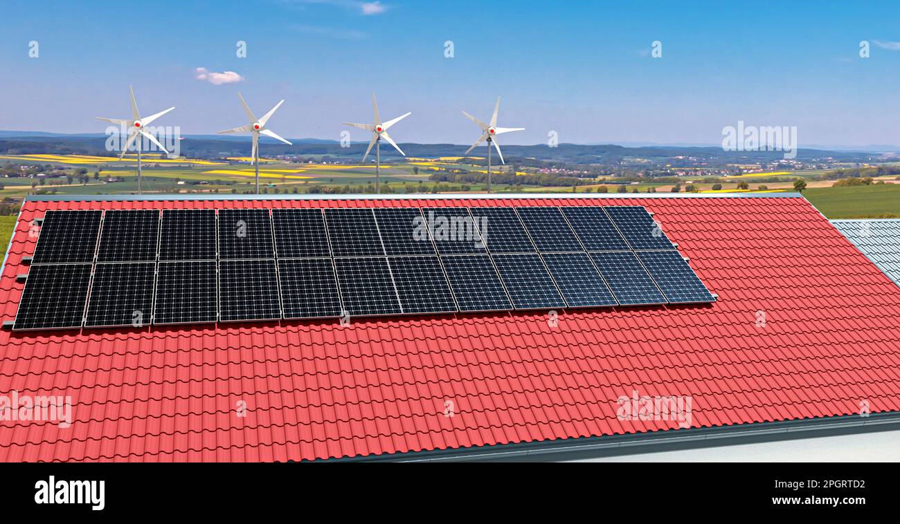 small wind turbines and solar power panels on the roof of a private ...