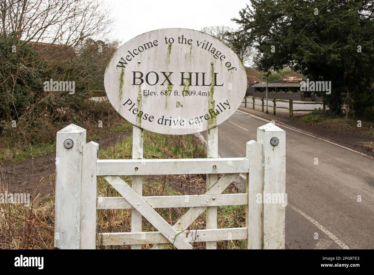 White picket road sign for the village of Box Hill, Surrey Hills ...