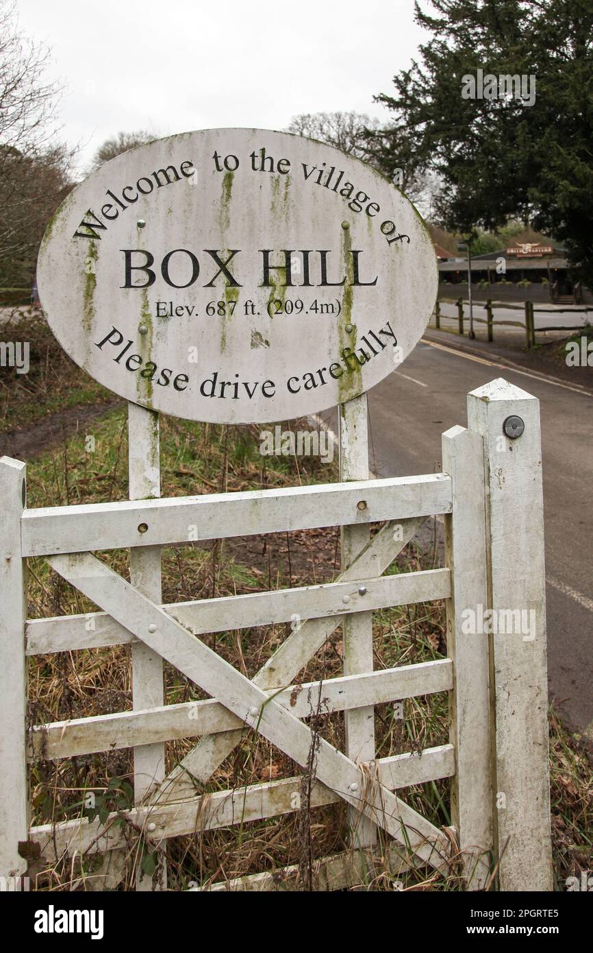 White picket road sign for the village of Box Hill, Surrey Hills ...