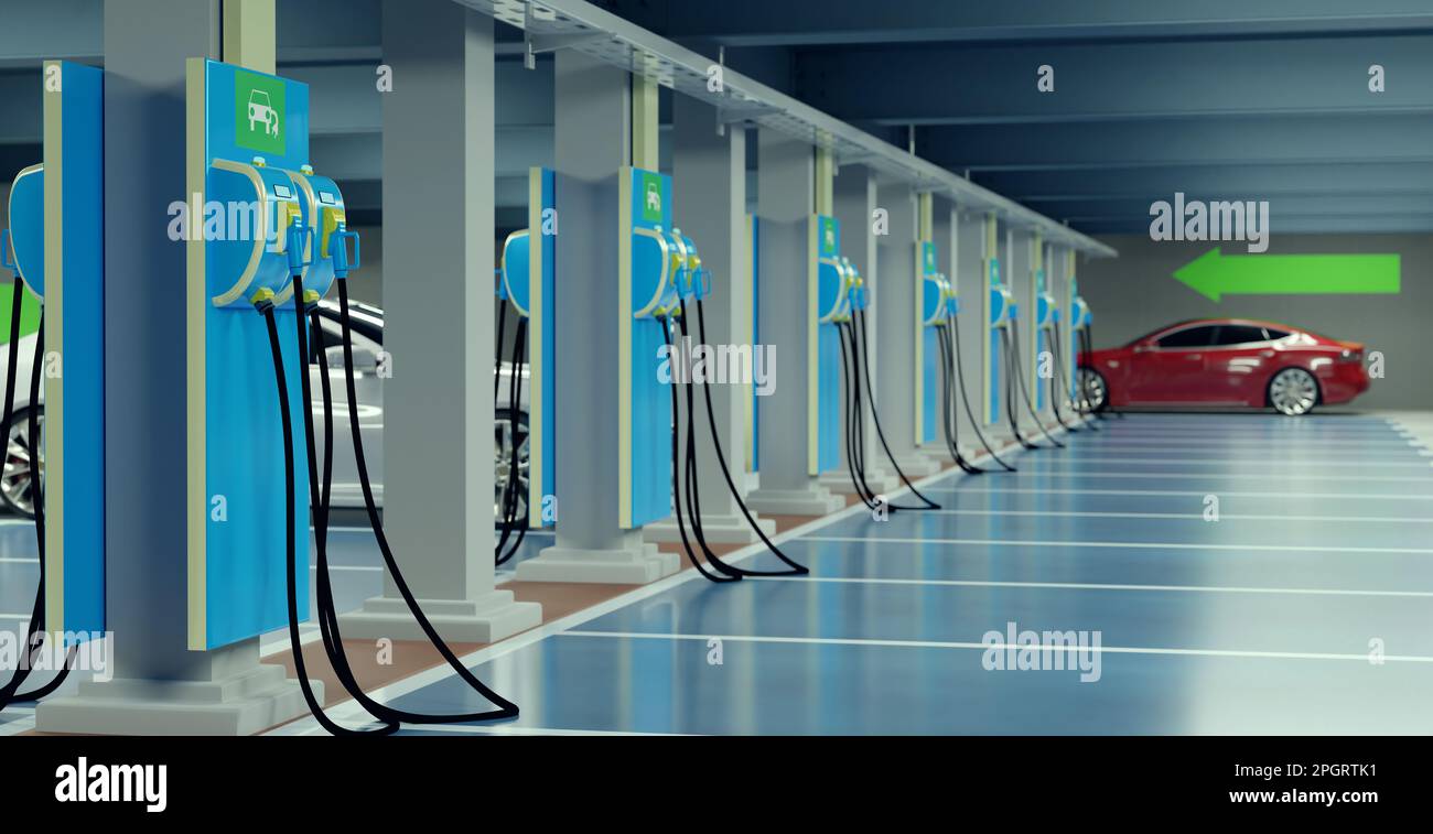 EV charging point on parking space, 3D illustration Stock Photo - Alamy
