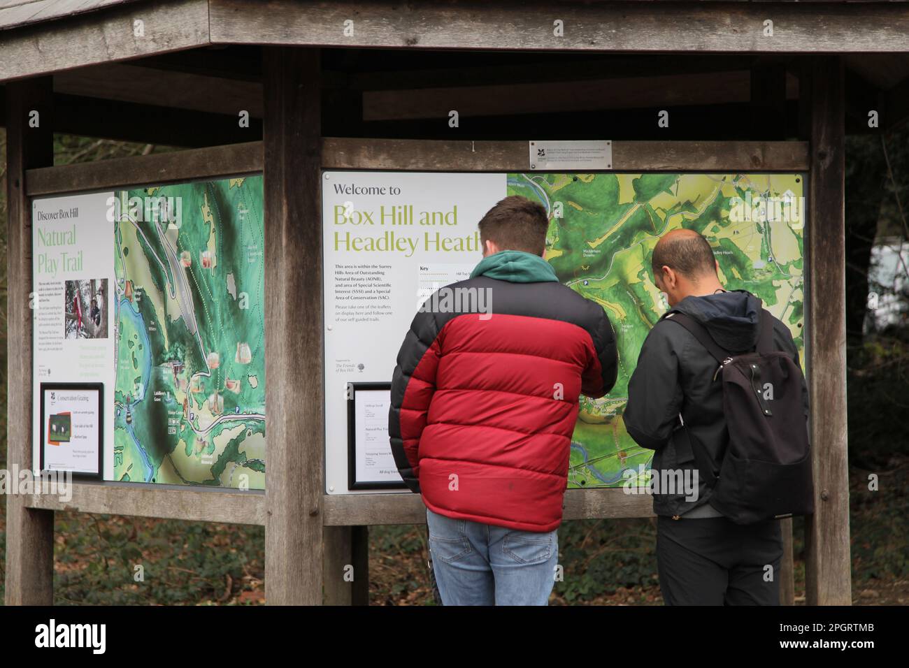 2 people viewing National Trust visitor notice board at Box Hill ...